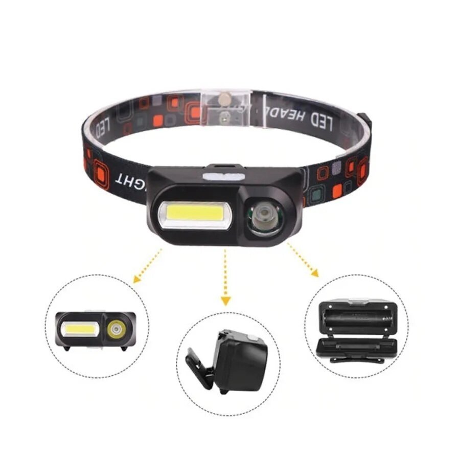 Налобный светодиодный фонарь с регулировкой угла свечения cо встроенным аккумулятором и зарядом от USB, 3 режима работы