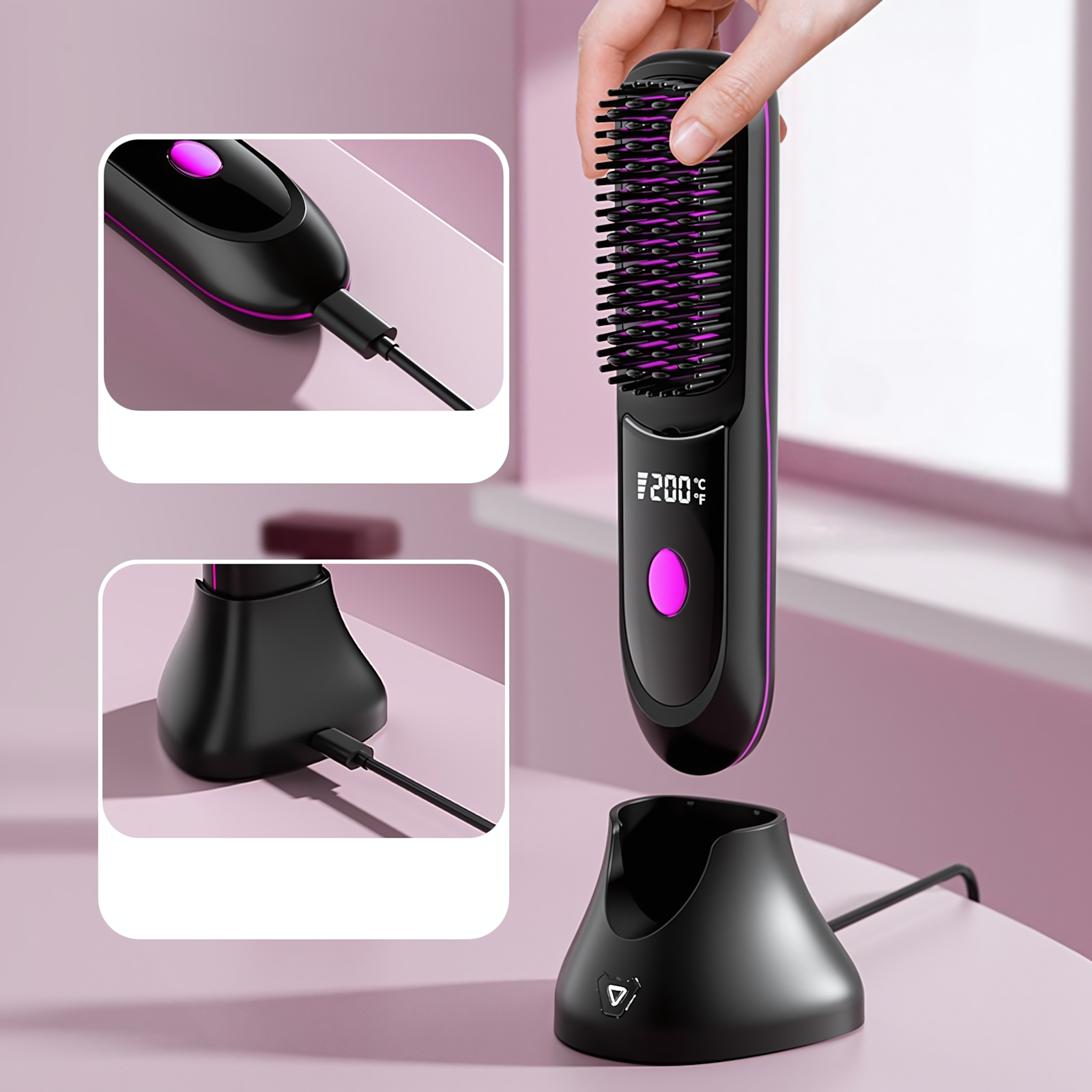 Электрическая расческа для выпрямления волос, 3 температурных режима, беспроводная, черная с базой для зарядки