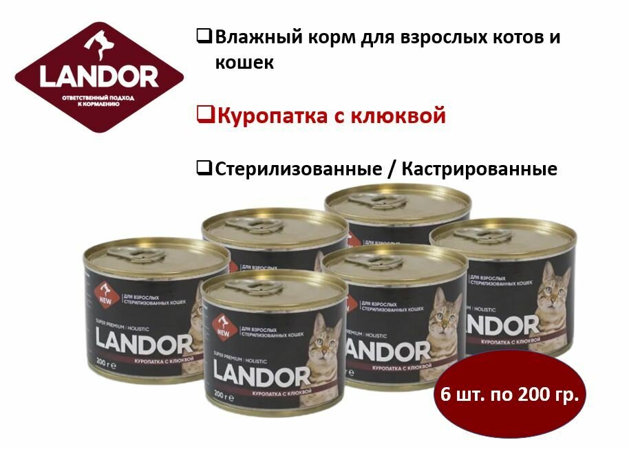 Полнорационный влажный корм LANDOR для стерилизованных кошек куропатка с клюквой 200г х 6шт.