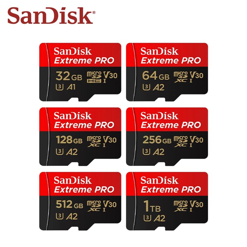 Оригинальная карта Sandisk Extreme PRO 32 ГБ 64 ГБ 128 ГБ 256 ГБ Высокоскоростная 512 ГБ 1 ТБ V30 Карта памяти Micro SD класса 10 UHS-I U3