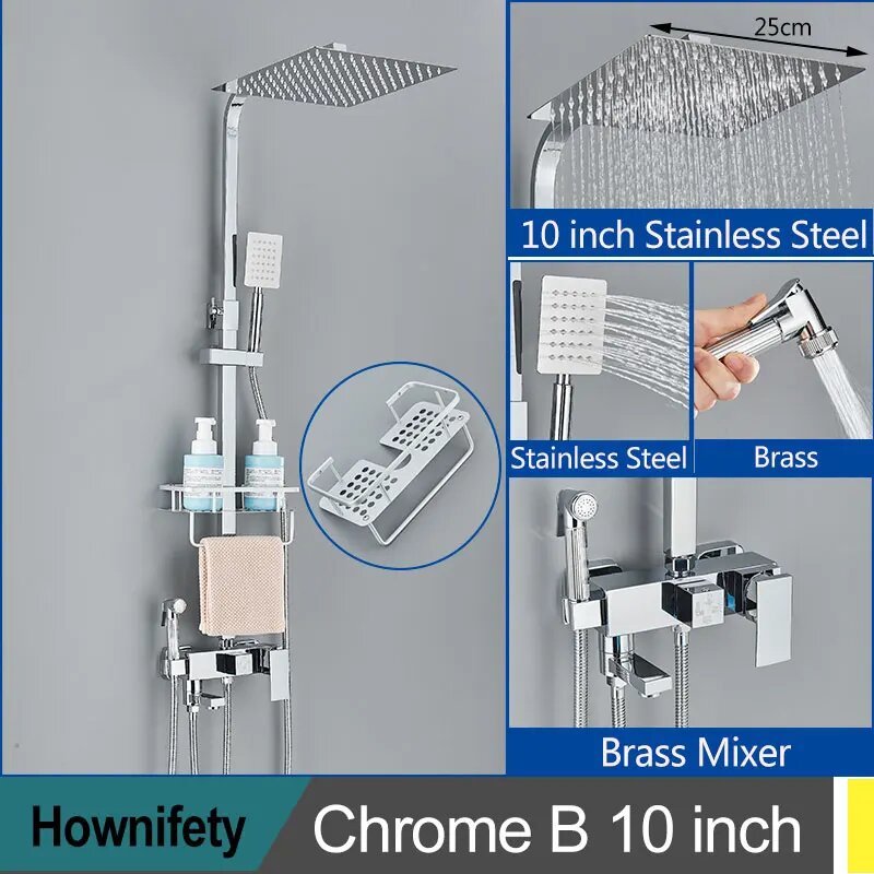 Черный смеситель для душа, насадка для тропического душа, латунный Смеситель для холодной и горячей воды, пластиковая ручная полка для хранения, системы для ванны и душа, смесители для биде, Chrome B 10 inch
