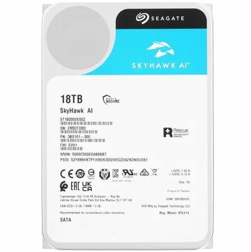 3.5" 18 ТБ Жесткий диск Seagate SkyHawk AI (ST18000VE002) - SATA III, 6 Гбит/с, 7200 об/мин, кэш память - 256 МБ, RAID Edition