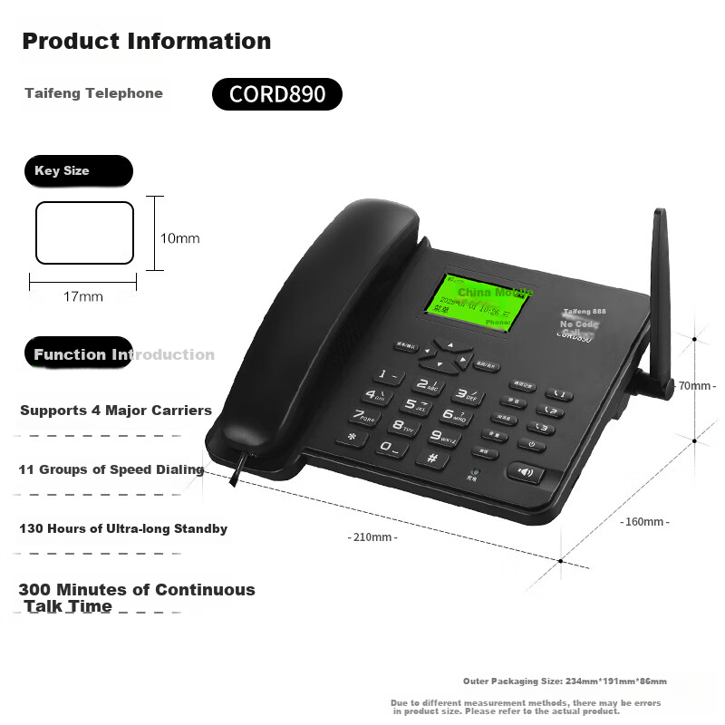 Taifeng 888 Wireless SIM Card Fixed Office Home Fixed 4G5G Telephone Landline Telecom Mobile Unicom Radio and Television 4G Network High Definition Hands-free CORD890 Black