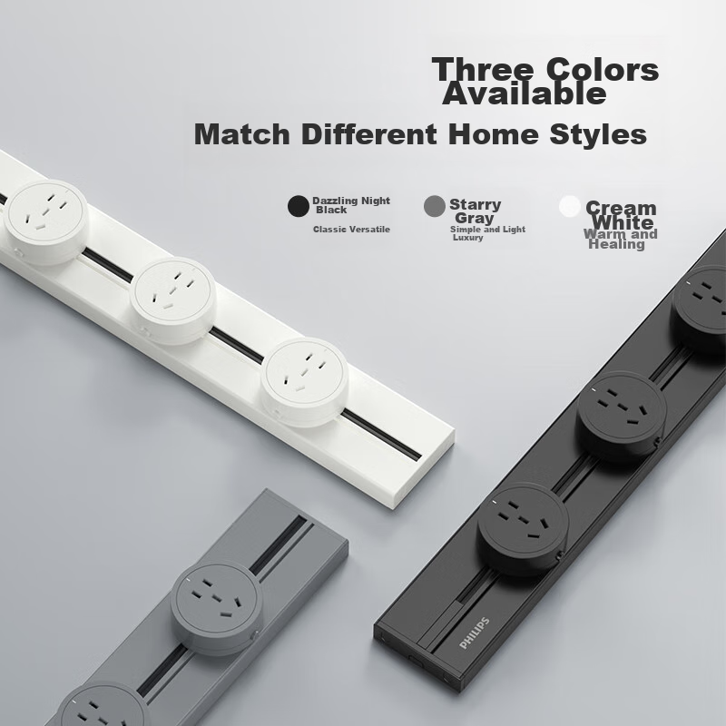 Philips Surface-Mounted Track Socket, Movable Wall Socket with Sliding Track, Wall-Mounted Socket for Sideboard, No Slot Required, with Light, 40cm Track + 2 Adapters, No Switch
