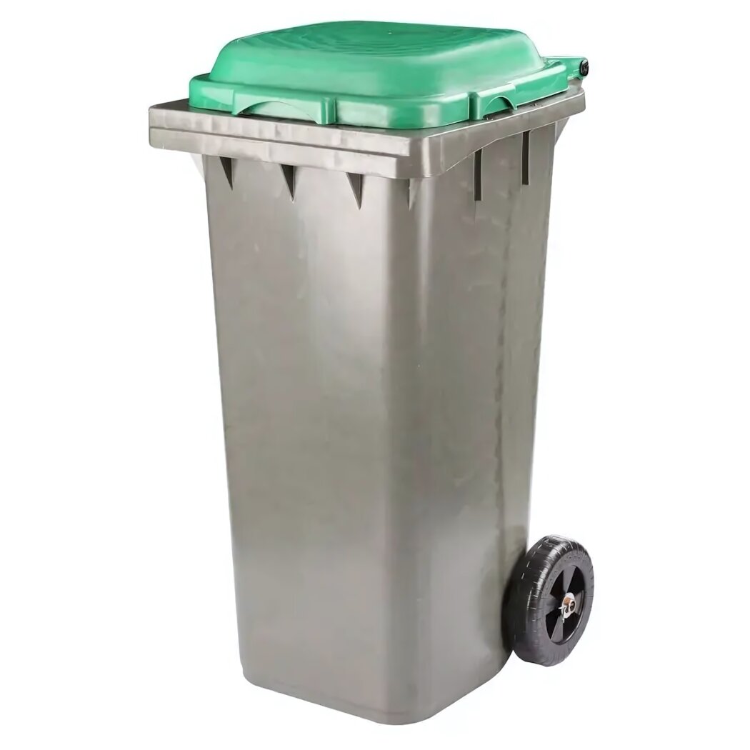 Бак для мусора 120л на колёсах, пластик, зелёная крышка, универсальный для дома и улицы
