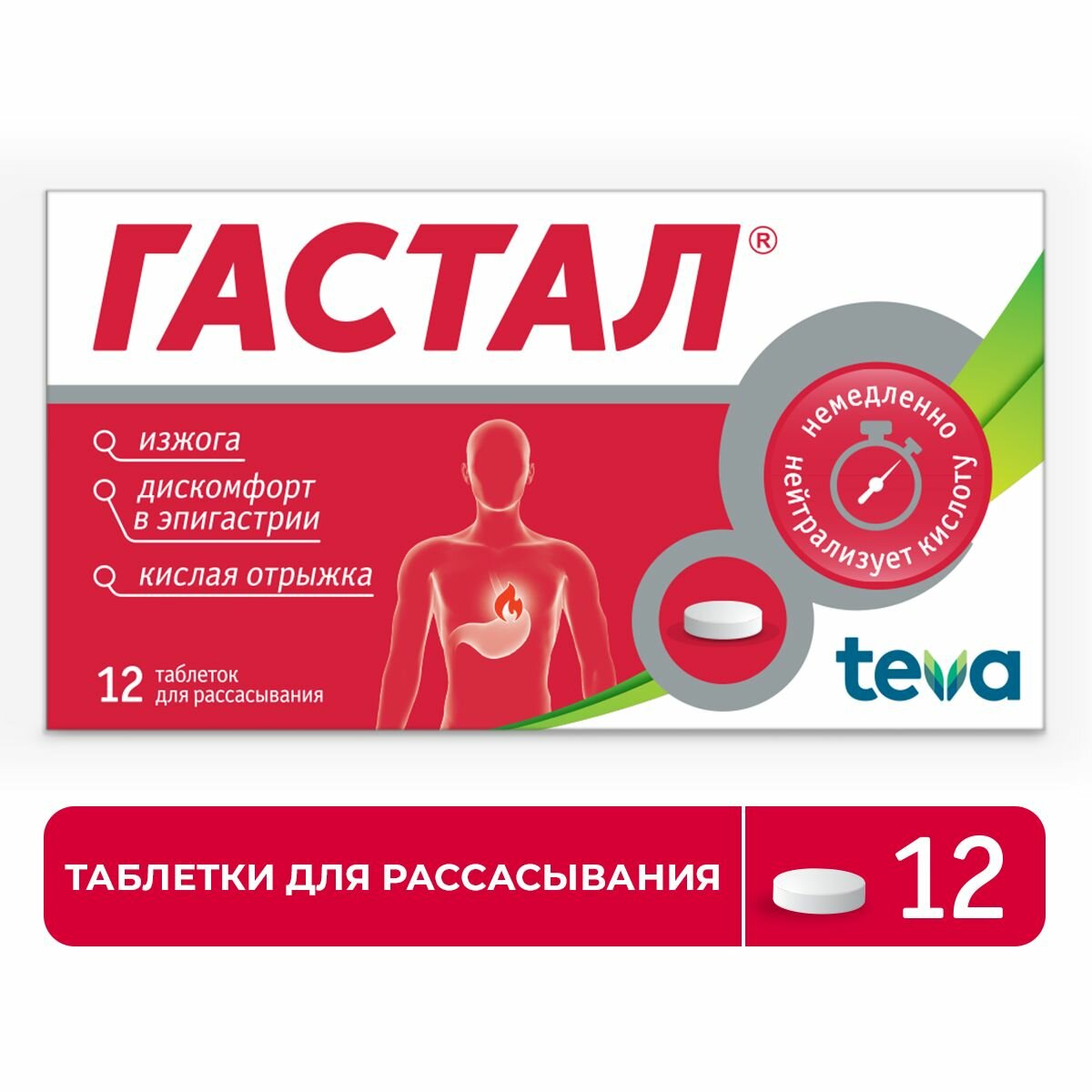 Гастал, таблетки для рассасывания, 12 шт, антацидное средство