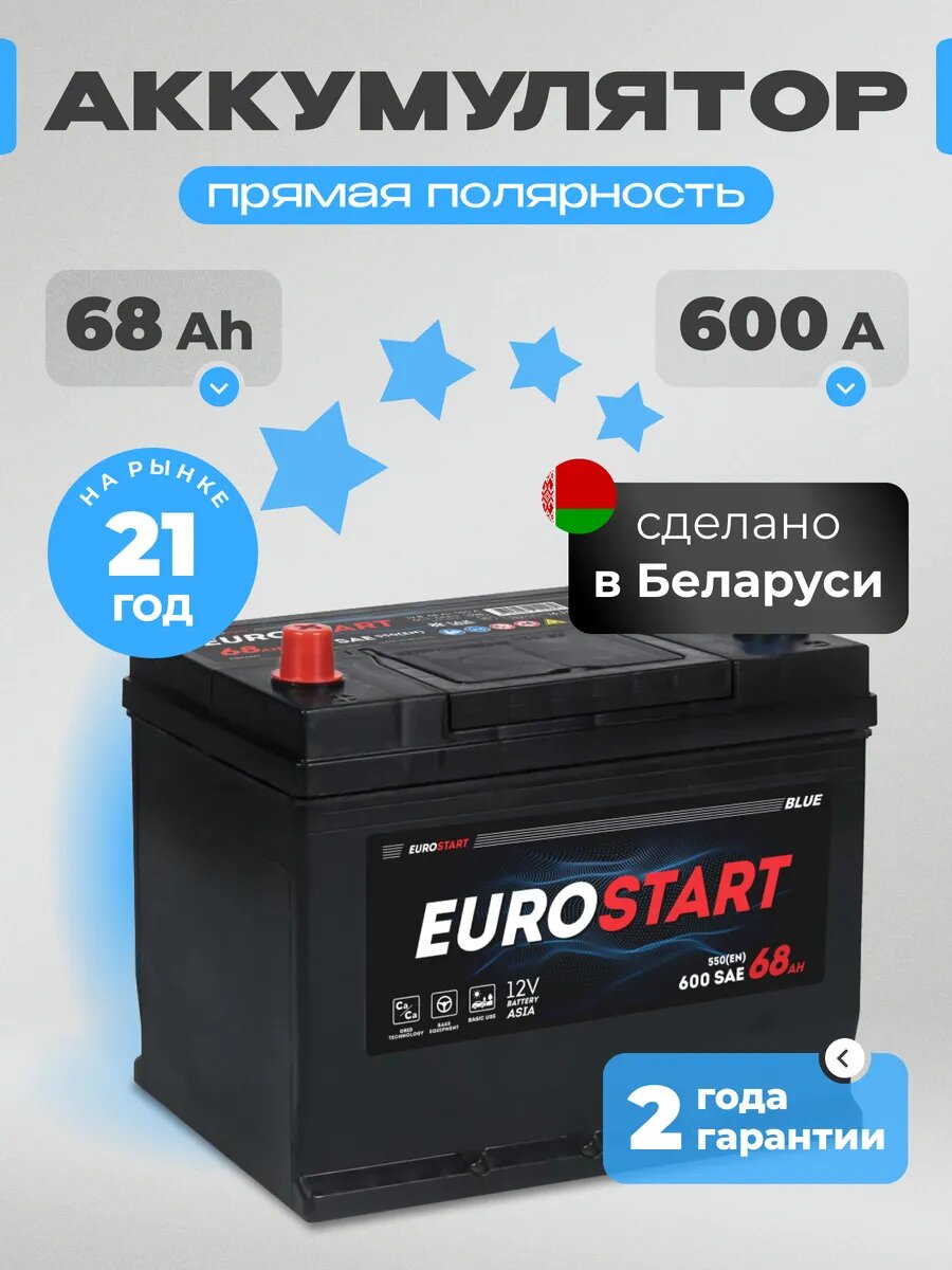 Аккумулятор автомобильный 68 Ач 600 А прямая полярность Asia