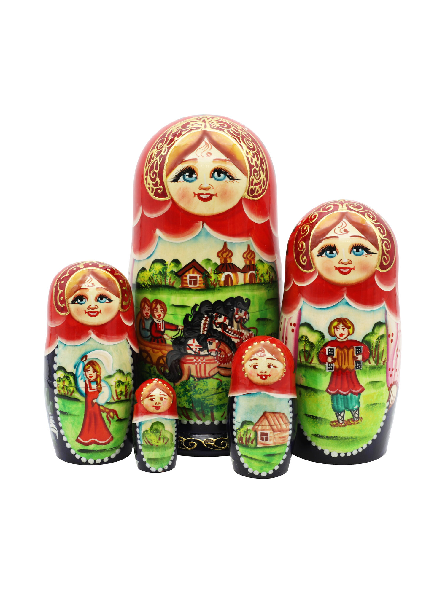 Матрешка Тройка. Гуляния, красно-синяя, 5 мест, 18см