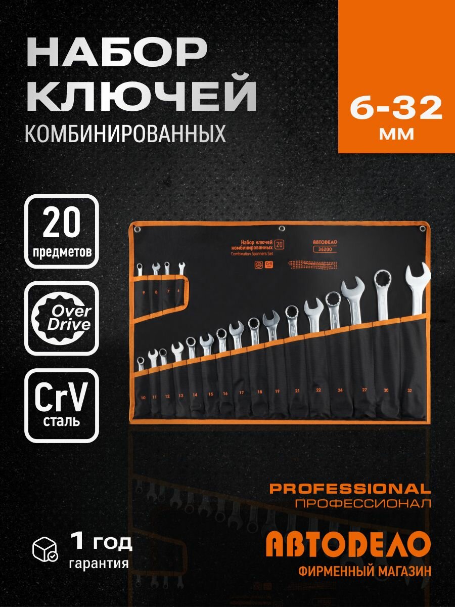 Набор ключей 20 шт, комбинированные, профессиональный , авторемонта, АвтоDело 36200