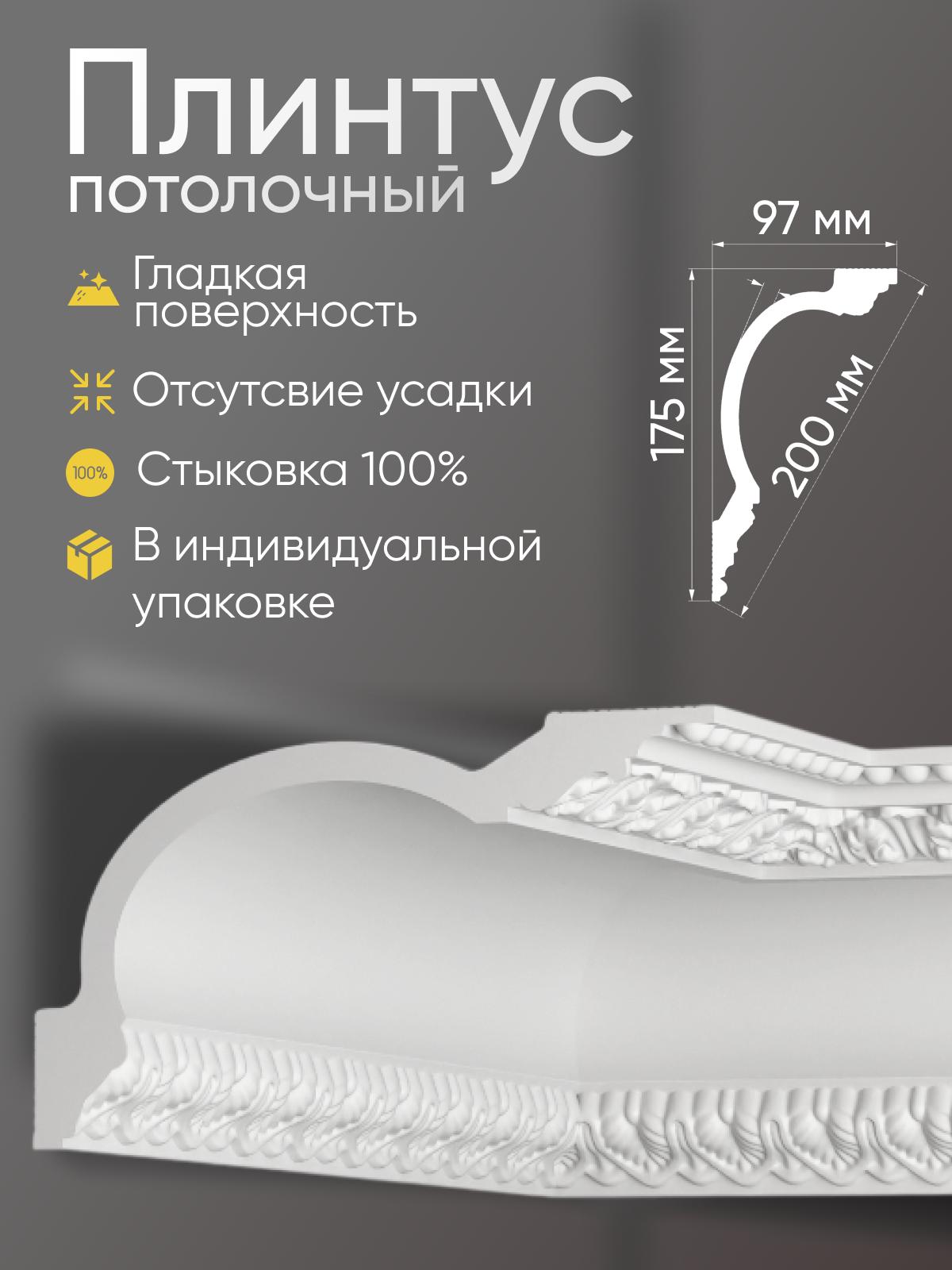 Плинтус потолочный 3 шт GLANZEPOL 200 см пенополистирол, белый GP82