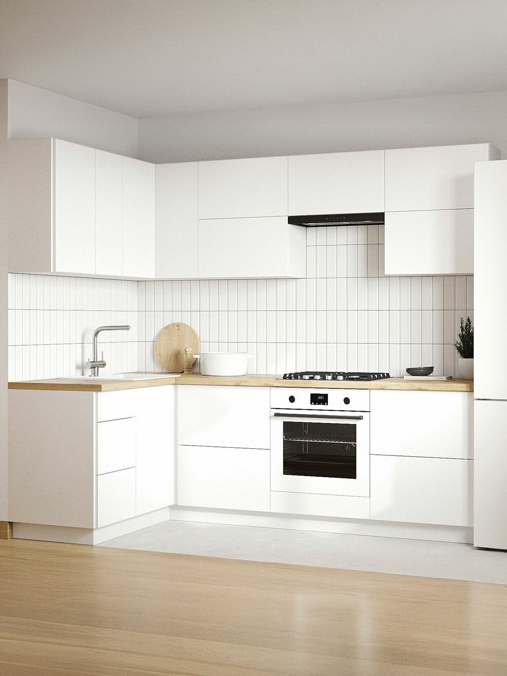 Кухонный гарнитур угловой Тандем 2.4х1.4 м, мебель для дома и кухни, Белый / Белый глянец