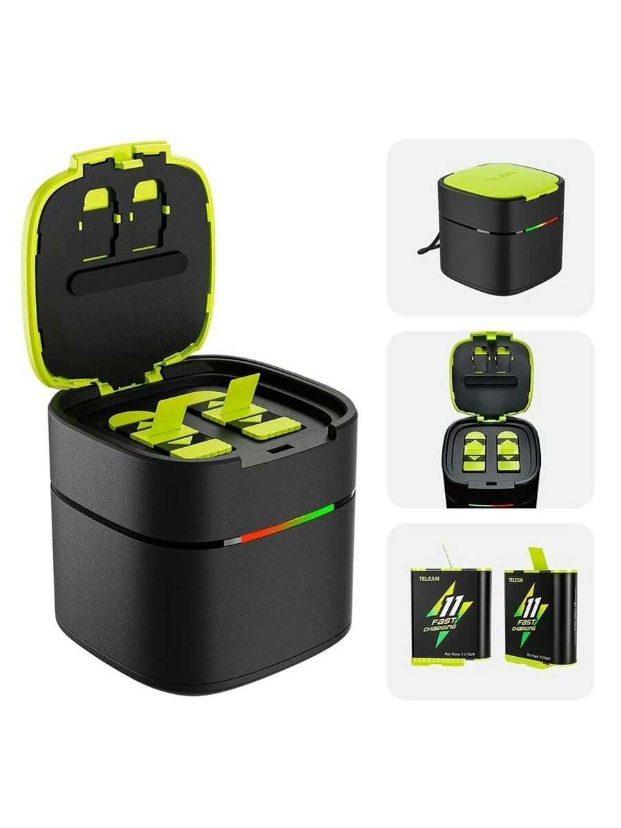 Зарядное устройство Telesin с быстрой зарядкой для 2х АКБ + 2 АКБ в комплекте для GoPro Hero 12/11/ 10/ 9