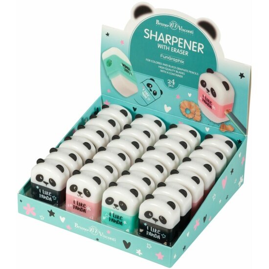 Точилка с ластиком Bruno Visconti "FunGraphix Панда", с контейнером, пластиковая, ассорти, 35-0037