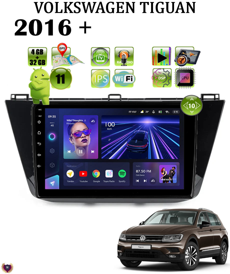 Автомагнитола для VOLKSWAGEN TIGUAN (2016+), 4/32 GB, Android 11, Wi-Fi, Bluetooth, CarPlay, поддержка кнопок на руле