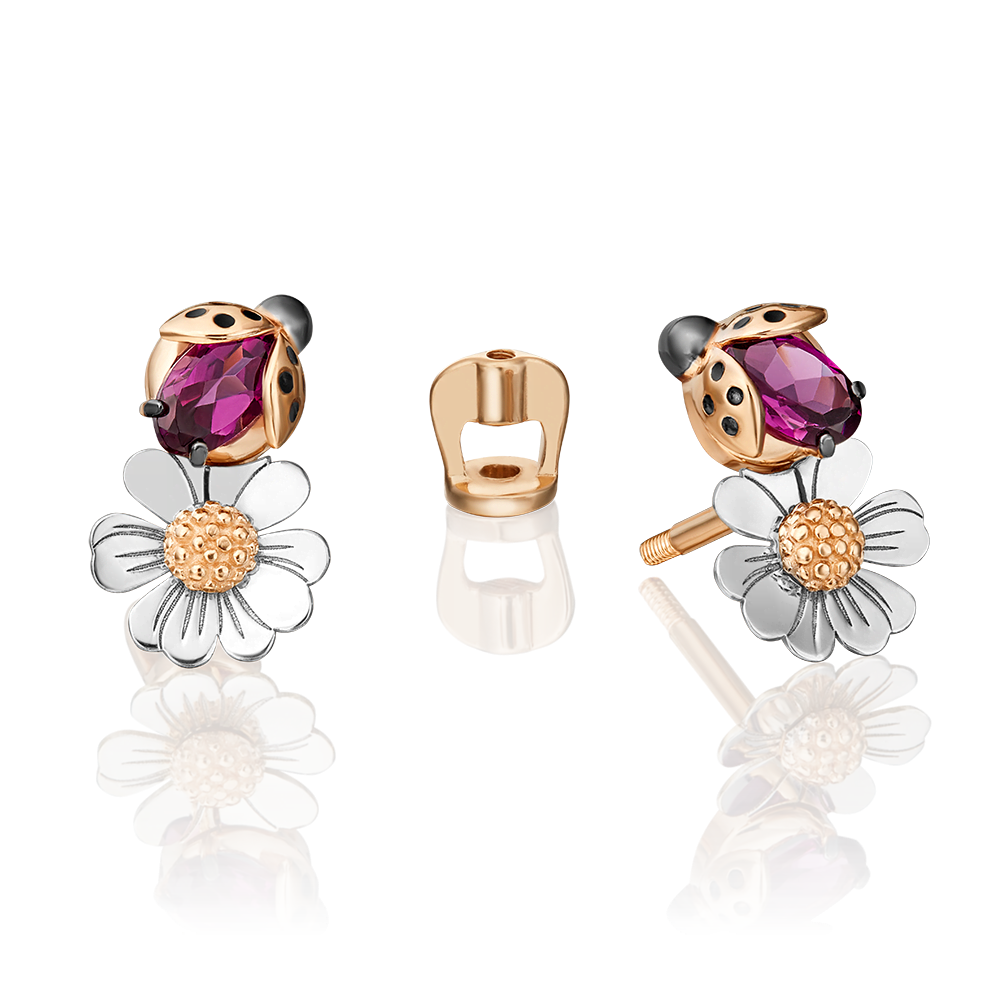 Серьги, комбинированное золото, 585 проба, гранат