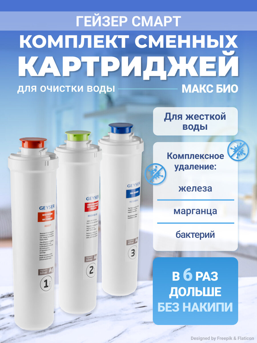 Комплект картриджей сменных для воды Гейзер Смарт Макс Био, 3 шт