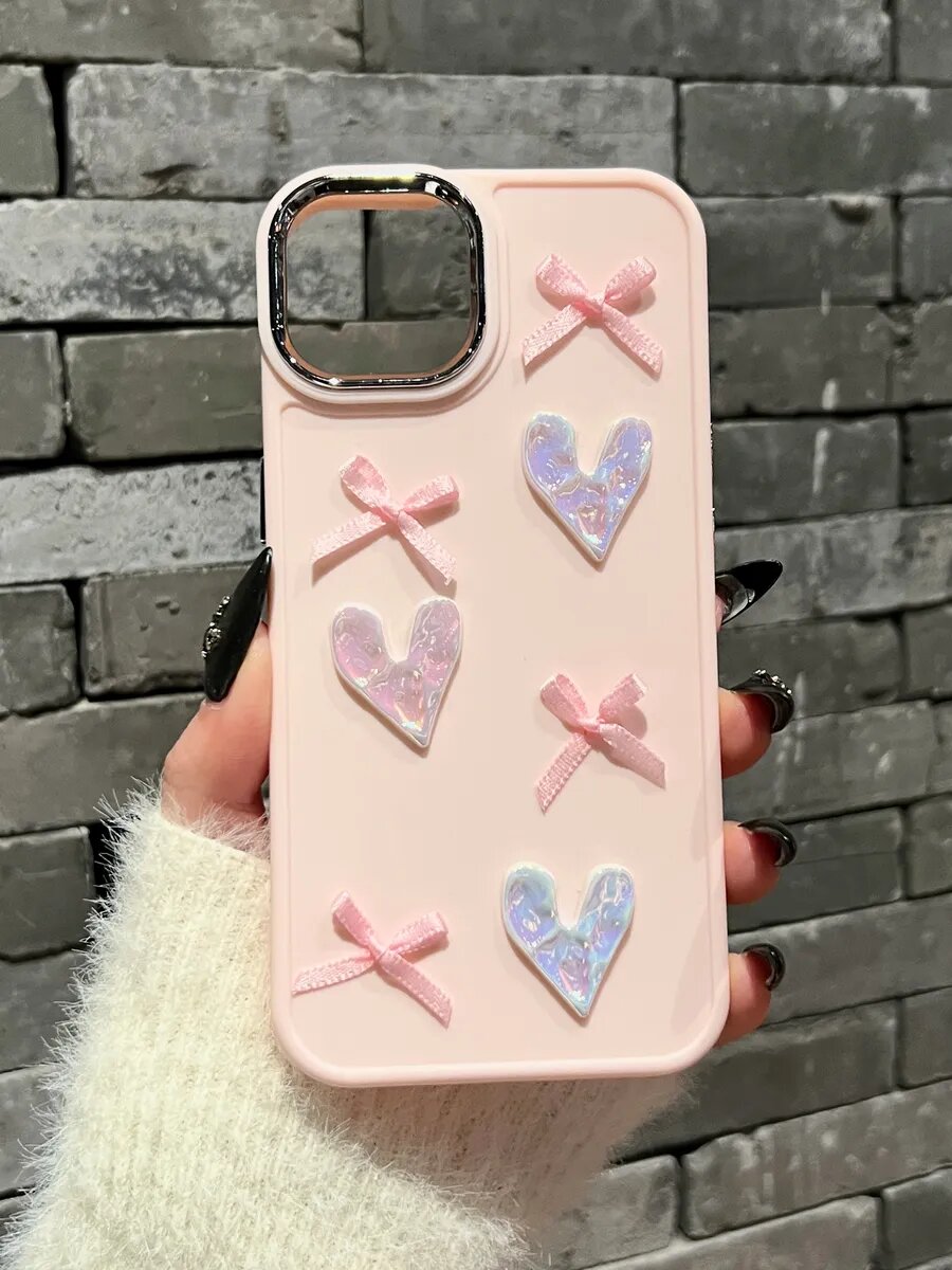 Чехол О'кейси, на iPhone 15, силиконовый, с сердечками, розовый, сиреневый