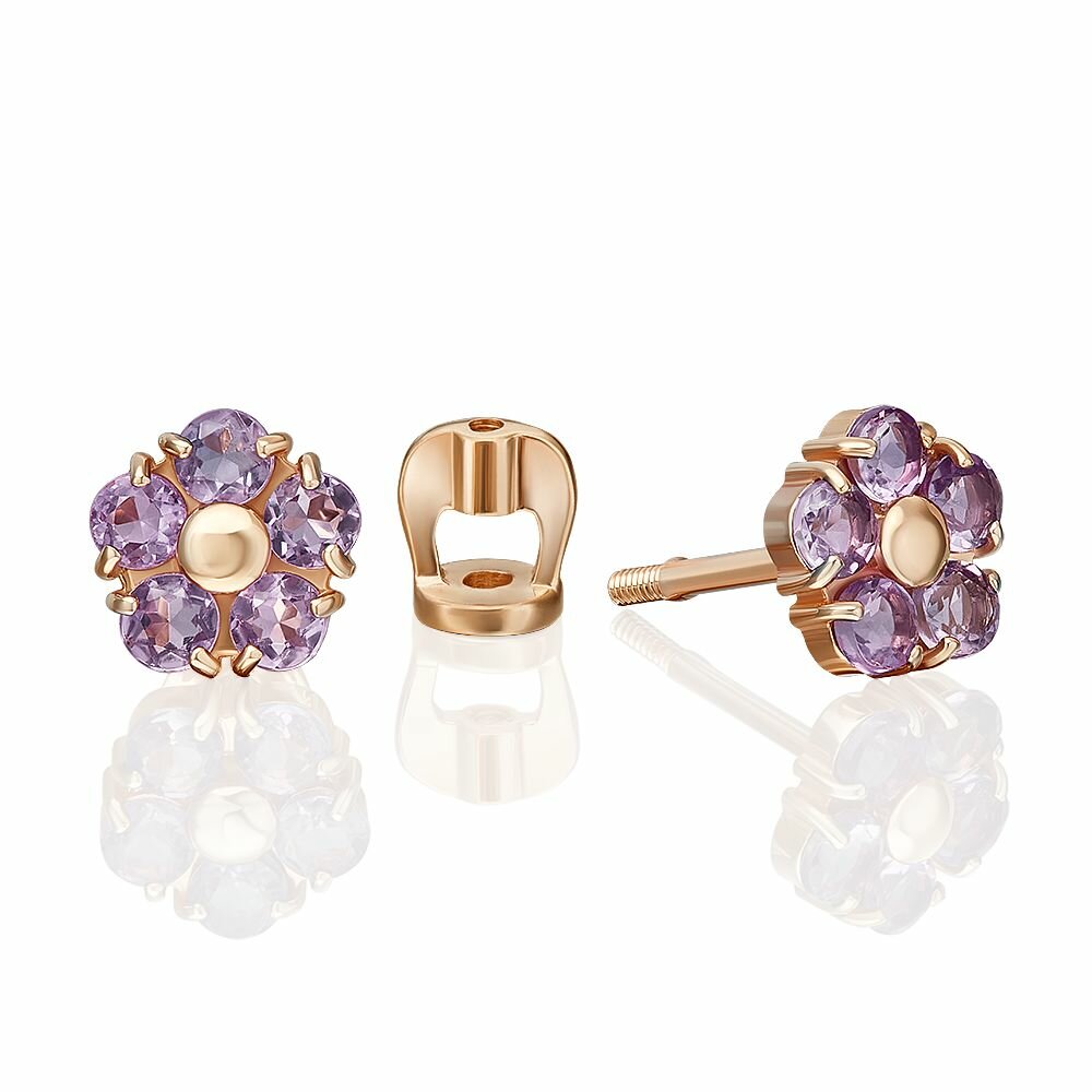 Серьги пусеты, красное золото, 585 проба, аметист