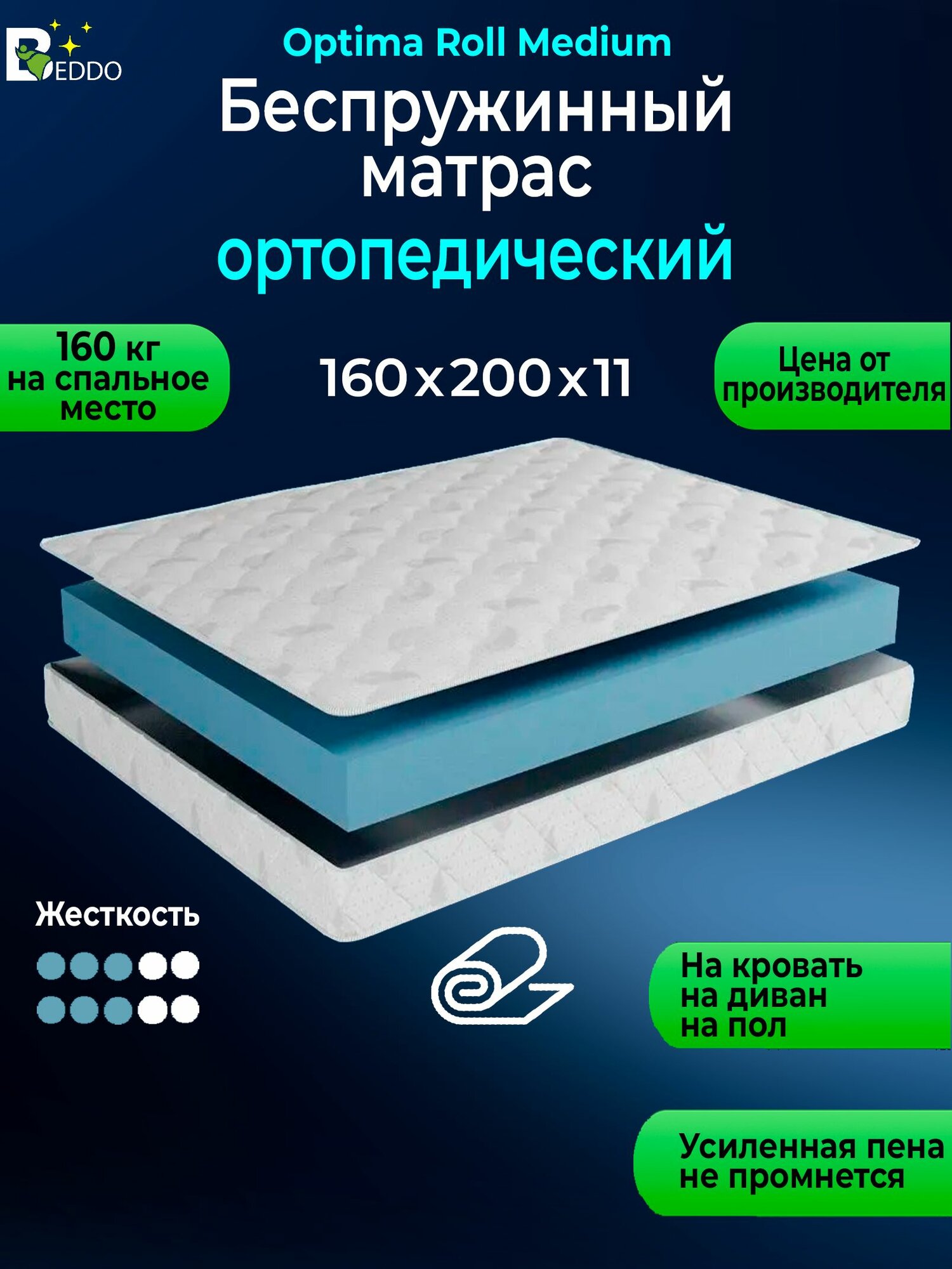 Беспружинный матрас 160х200 BEDDO Optima Roll Medium 11 см, ортопедический, анатомический, двусторонний, в рулоне