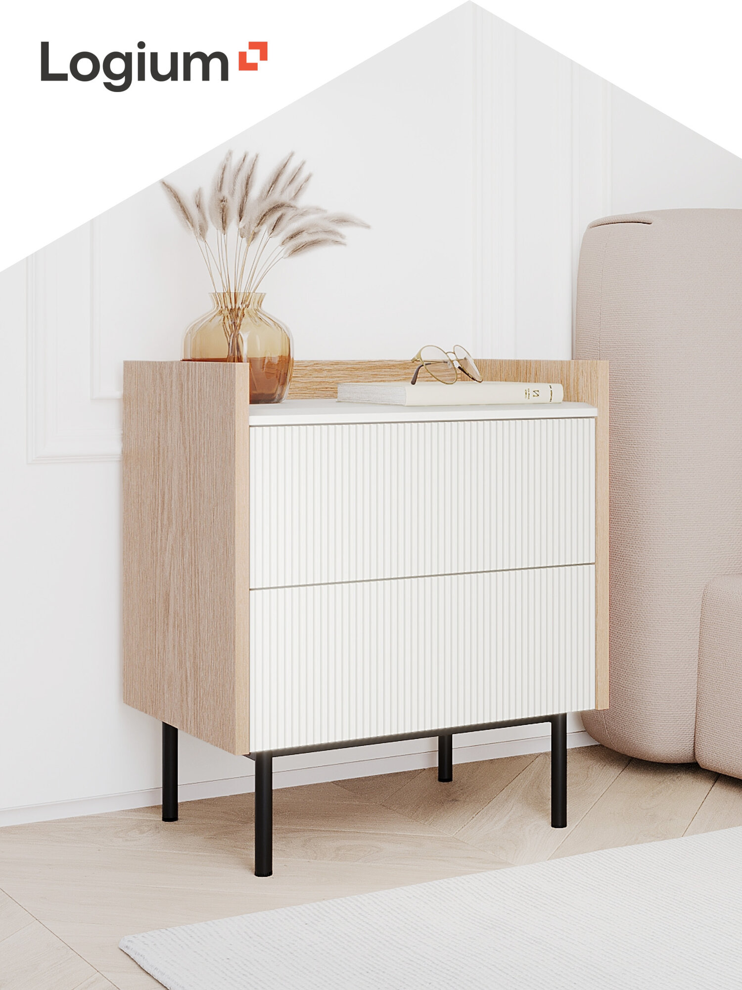 Тумба прикроватная с ящиками напольная белая 50 х 36,5 х 58,5см, Наоми 16.11.04, Дуб Плэйн, белая шагрень