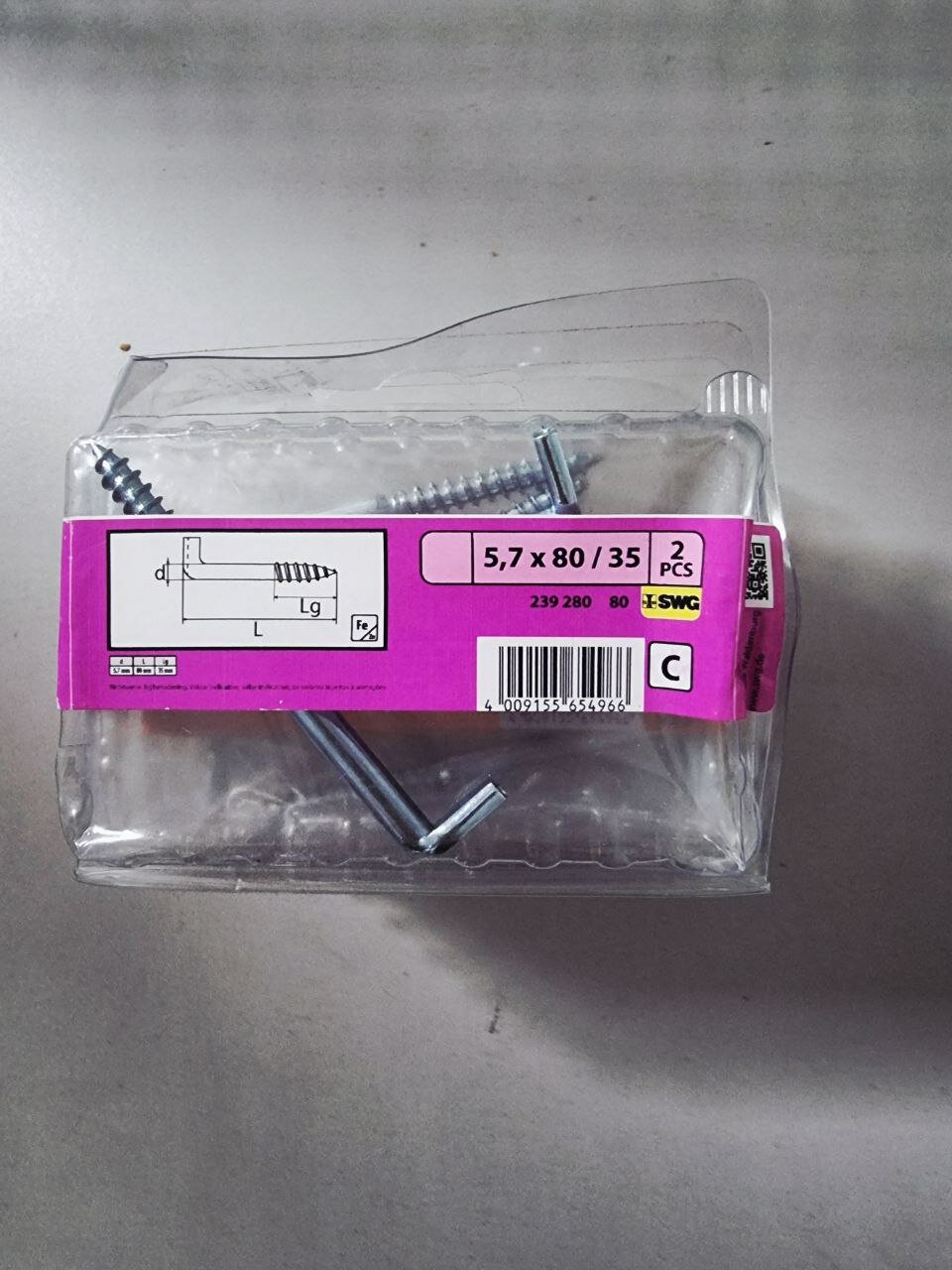 Шуруп крюк-костыль крепежный 5,7*80/35 (2 шт-1упк) SWG, Германия