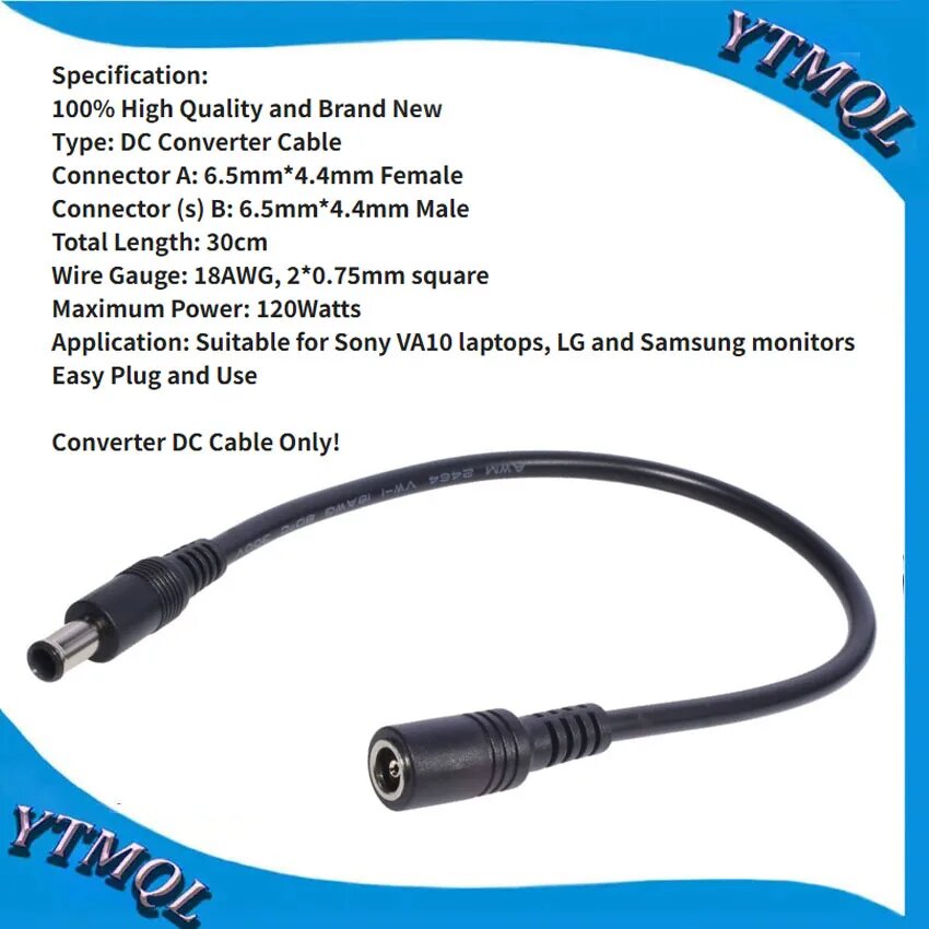 YTMQL Адаптер питания 6.5*4.4 мм для ноутбуков Sony, кабель для мониторов LG Samsung