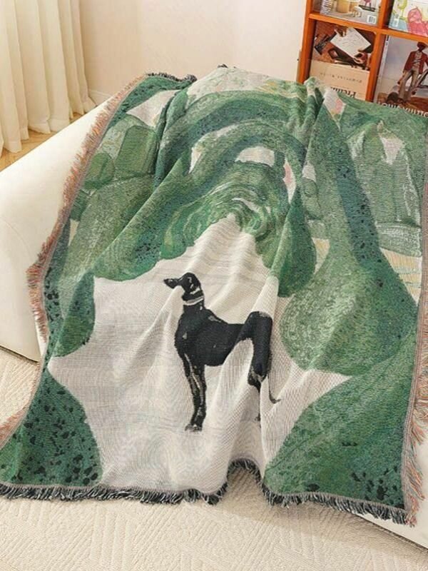 Плед-пончо , Полиэстер, Зеленое диванное одеяло с рисунком щенка, 160х130 см