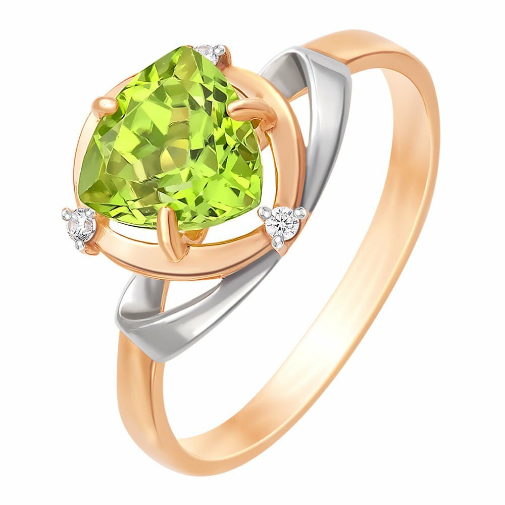 Кольцо, красное золото, 585 проба, родирование, фианит, хризолит