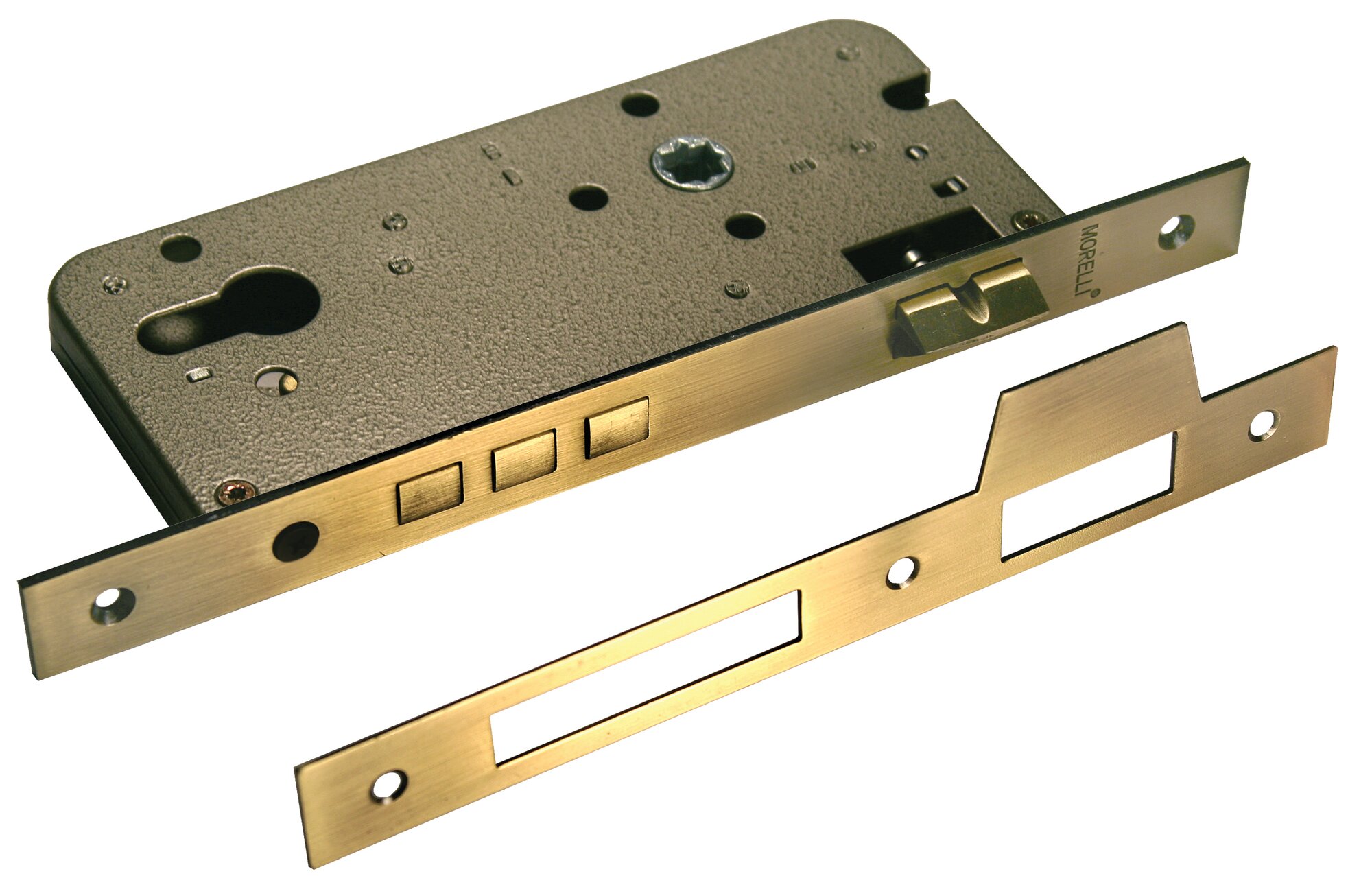 Замок с тремя ригелями под цилиндр для межкомнатных дверей врезной Morelli L03 AB античная бронза