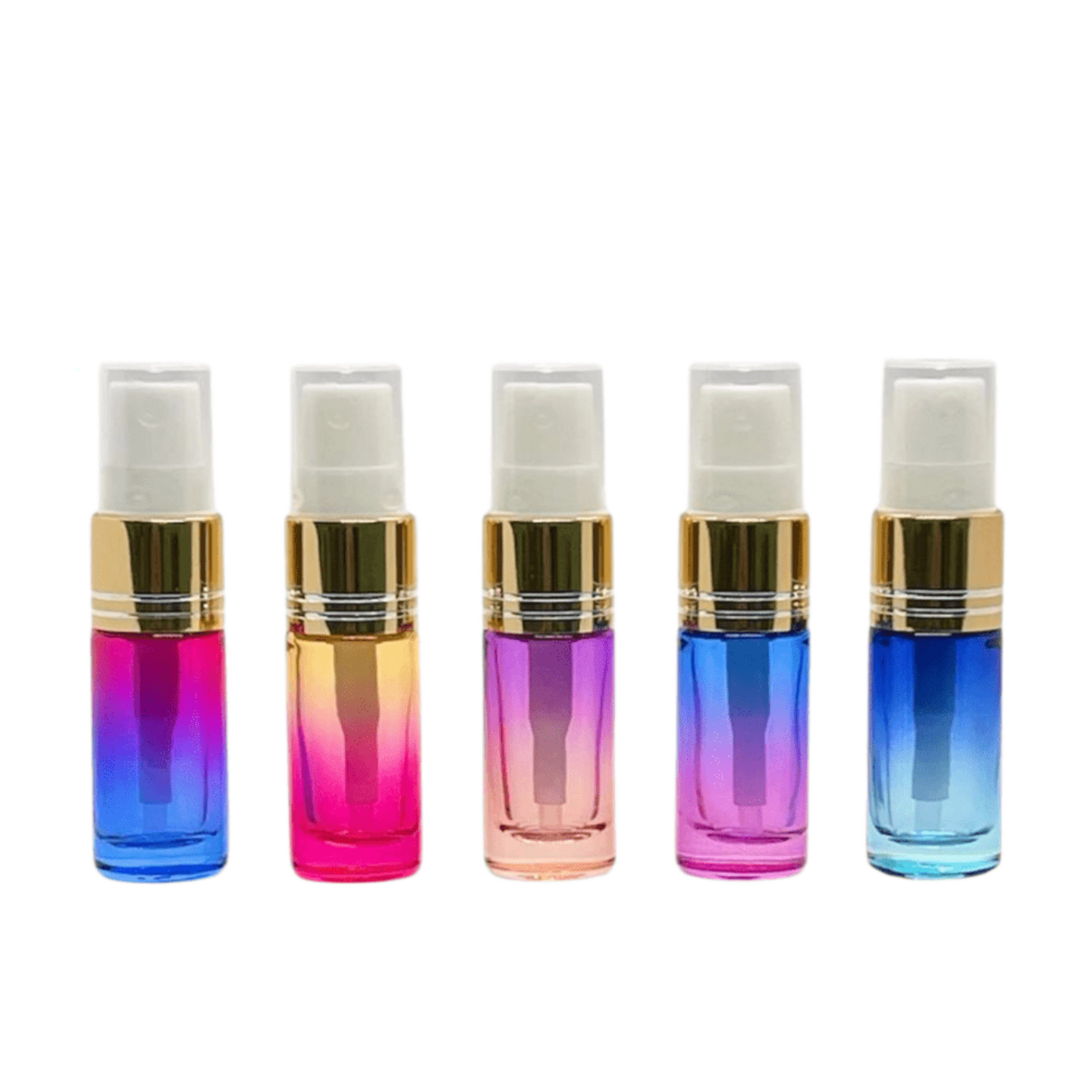 Набор распылителей для эфирных масел, флакон 5 мл, 5 штук, стекло градиент микс, белый распылитель, золотистая крышка