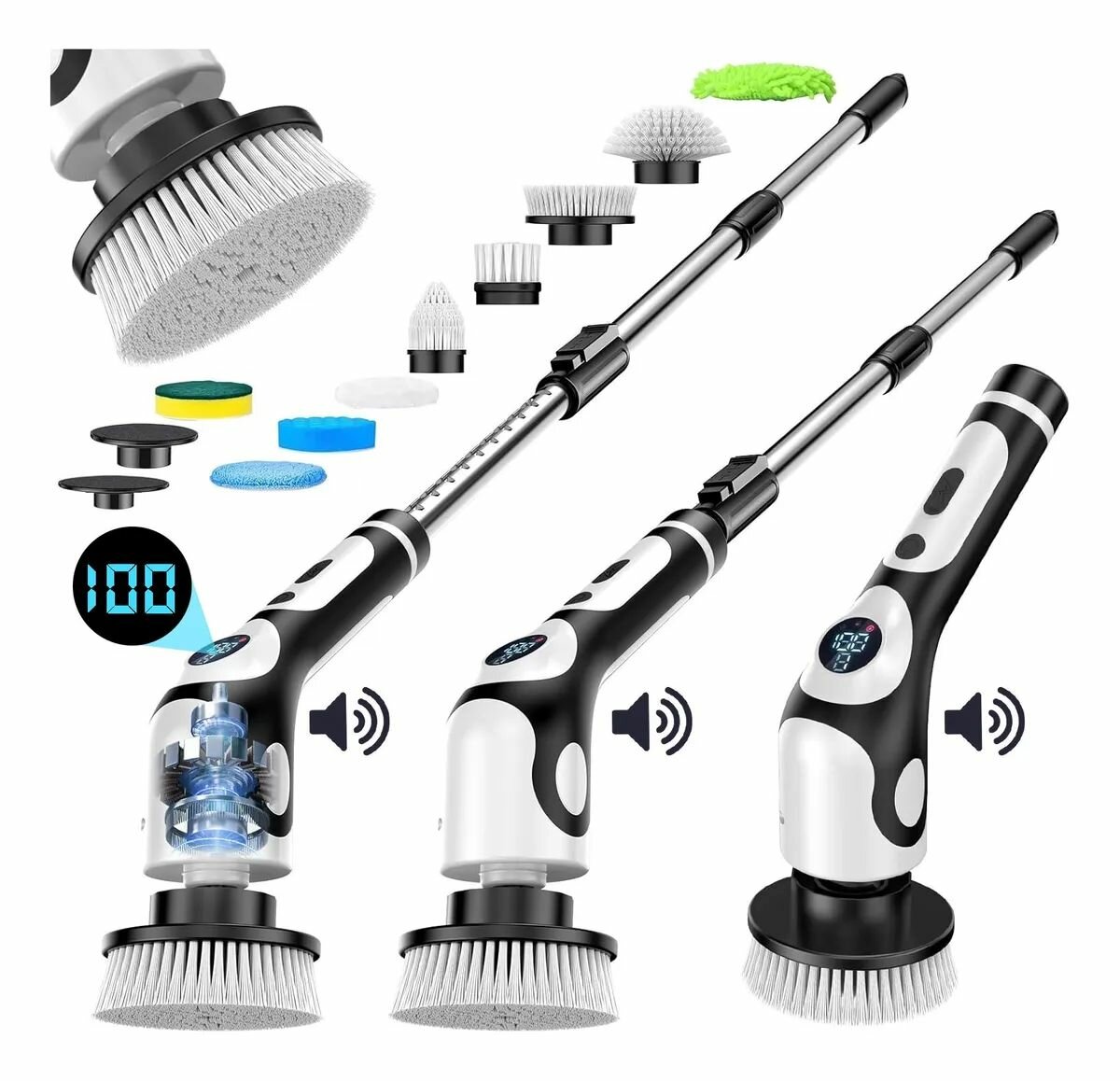 Электрический скруббер для уборки, 9 в 1, беспроводной, с 2 скоростями, телескопической ручкой, голосовым оповещением, USB-C зарядкой, для дома и автомобиля