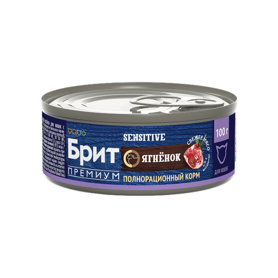 Брит Премиум Sensitive влажный корм для взрослых кошек при чувствительном пищеварении с ягненком - 100 г х 6 шт