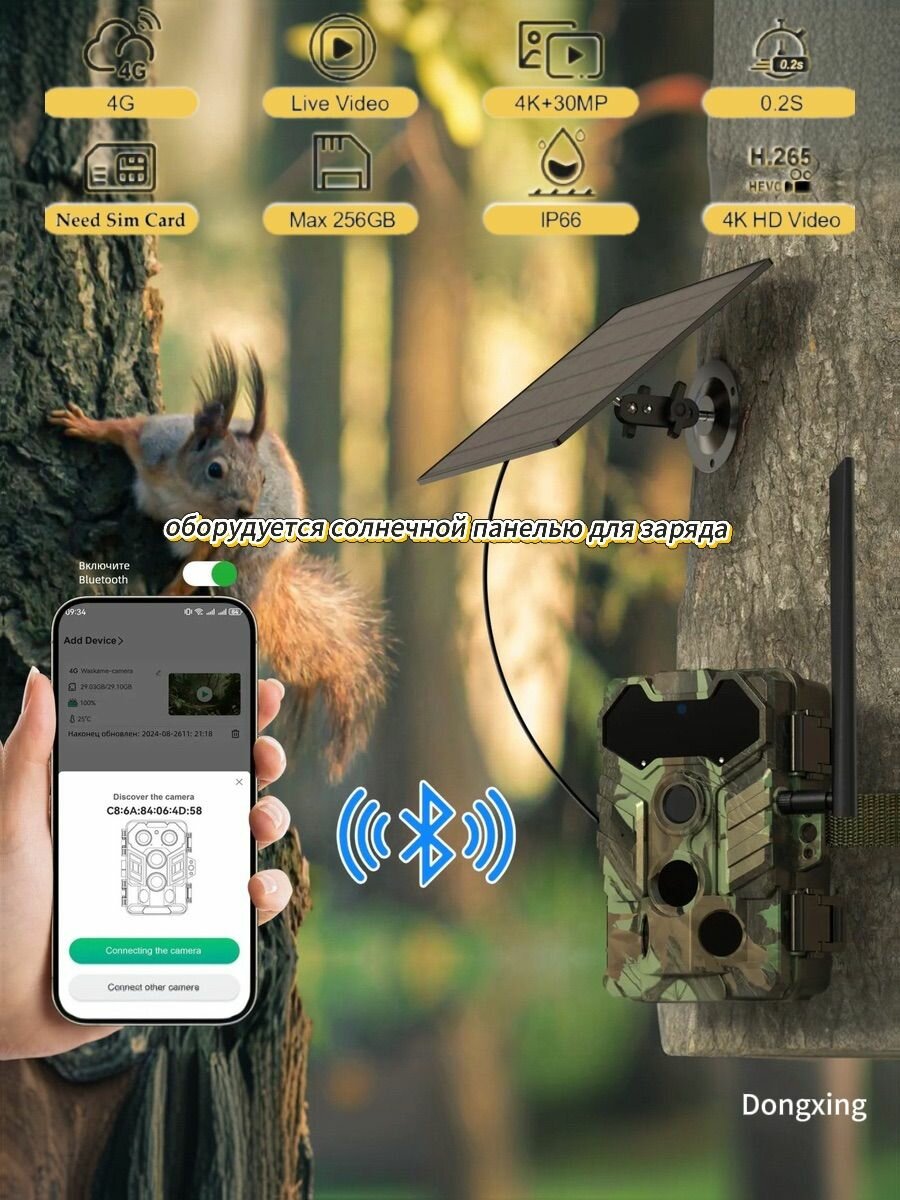 Фотоловушка для охоты с сим картой, охраны дома или дачи, лесная камера, фотоловушка с солнечной батареей, 4g, с приложением, ночное видение, Класс водонепроницаемости IP66