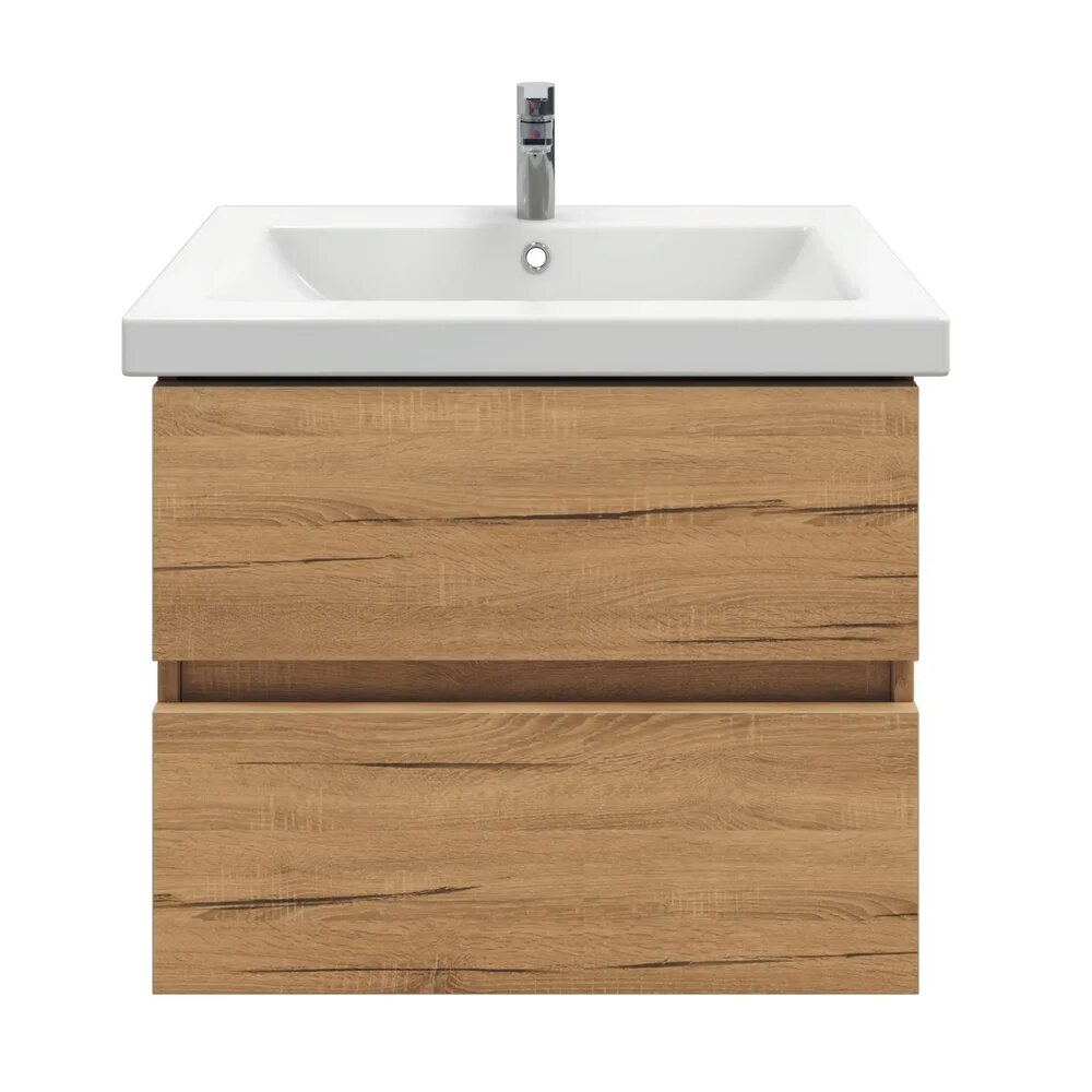 Тумба с раковиной SanStar Lavanti 50 подвесная, 50 см, светлое дерево, матовая, из ЛДСП, с ящиками, раковина для ванной, фарфоровая, прямоугольная, встроенный слив-перелив