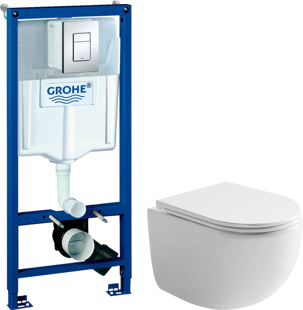 Комплект 2 в 1 Унитаз подвесной Ceramicanova UP Rimless CN4007 / Инсталляция с кнопкой Grohe Rapid SL 38772001 цвет хром