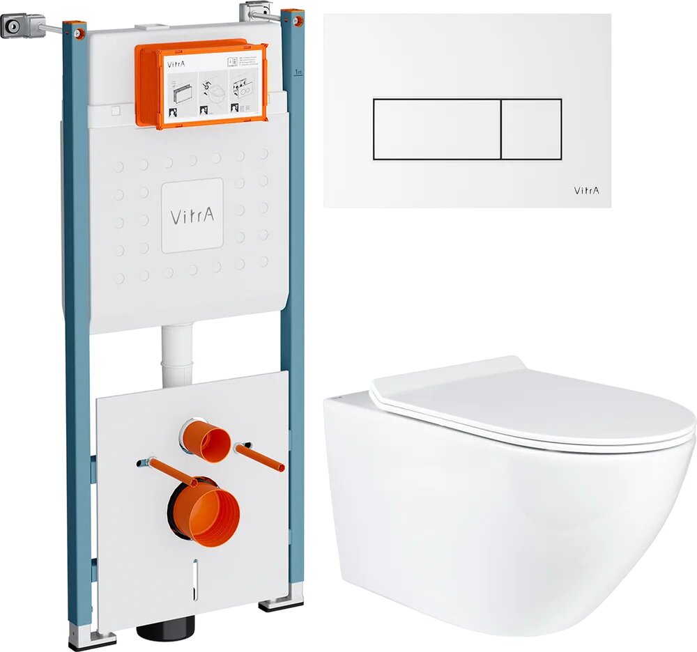 Комплект 3 в 1 Унитаз подвесной BOND Oval F01-10Long / Инсталляция VitrA V-Fix Core 732-5800-01PV / Кнопка Root Square 740-2300 цвет глянцевый белый