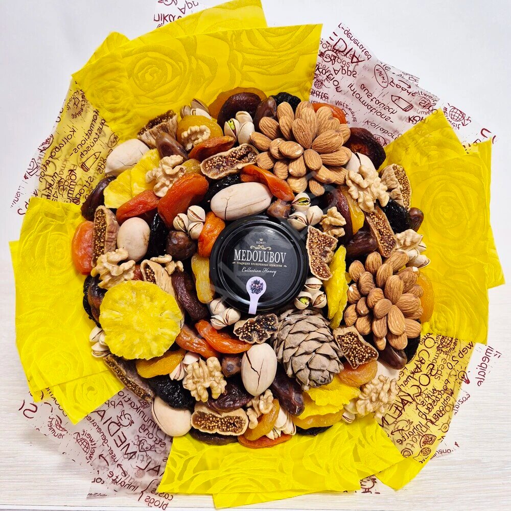 Съедобный букет LAKRES, орехи, сухофрукты с мёдом, диаметр 25 см