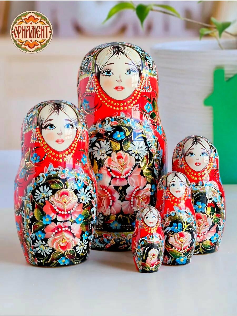 Матрешка Орнамент "Букет Красный", дерево, ручная роспись, 5 кукол, 18см