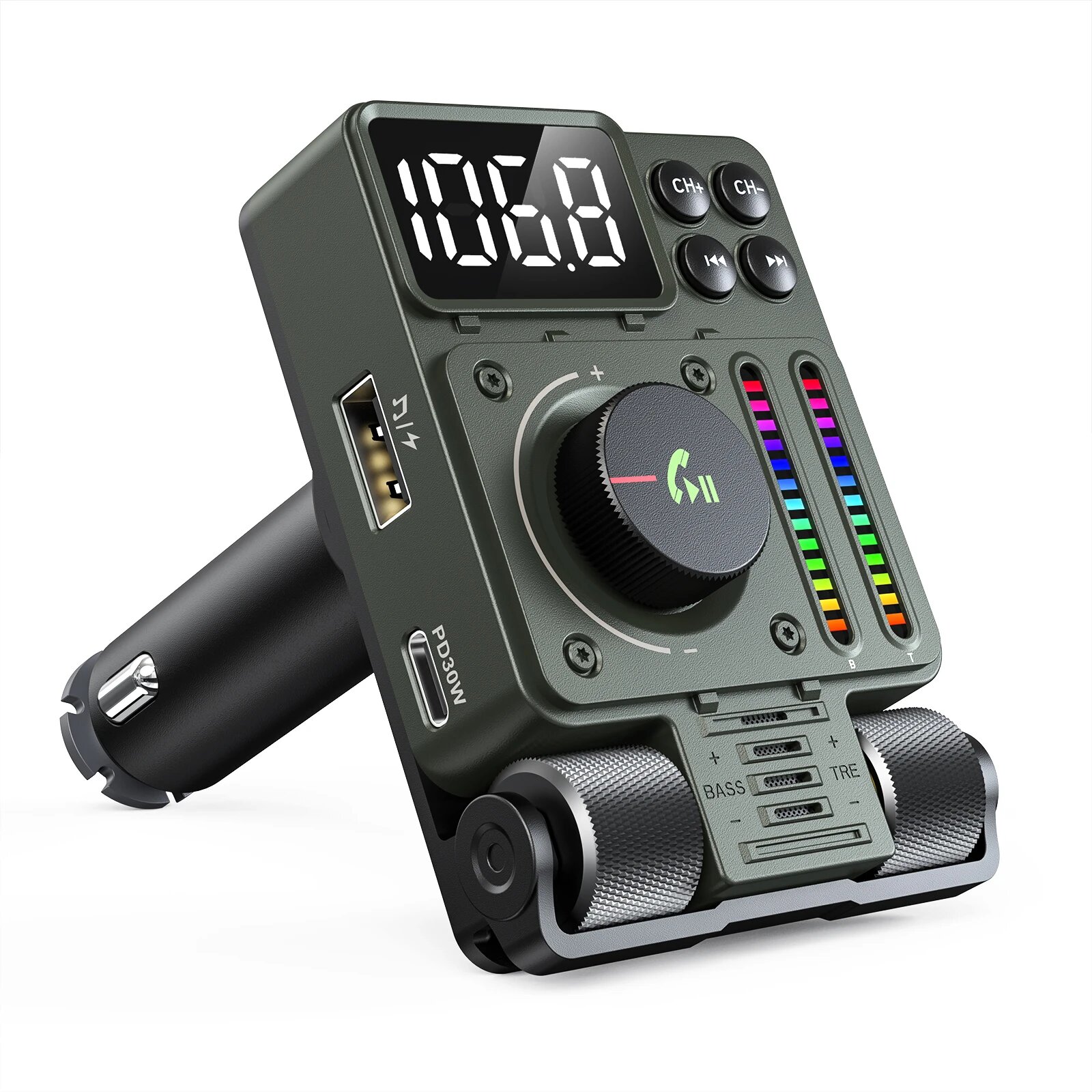 LENCENT FM Bluetooth 5,3 передатчик для автомобиля Регулируемый звук высоких и басов Музыкальный плеер поддерживает PD30W Быстрая зарядка автомобильный комплект, V5.3 PD30W