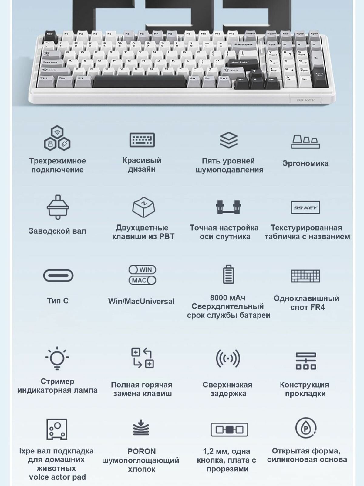 Беспроводная механическая клавиатура AULA F99 с RGB-подсветкой, возможностью горячей замены, пятислойным покрытием, русской клавиатурой (режим подключения Bluetooth/2,4 ГГц/Type-C)