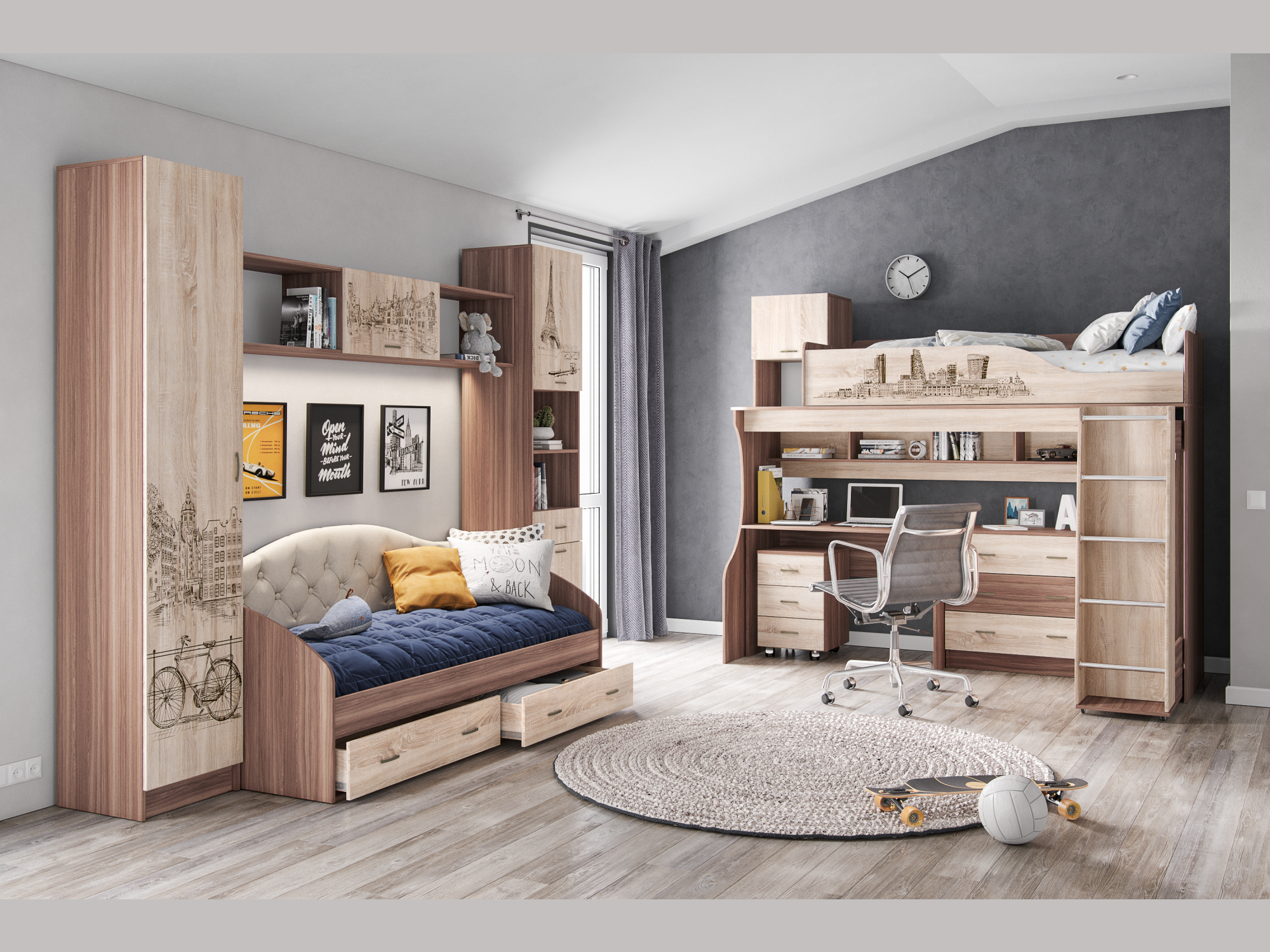 Подростковая в современном стиле, набор 4, Ясень шимо/Дуб сонома