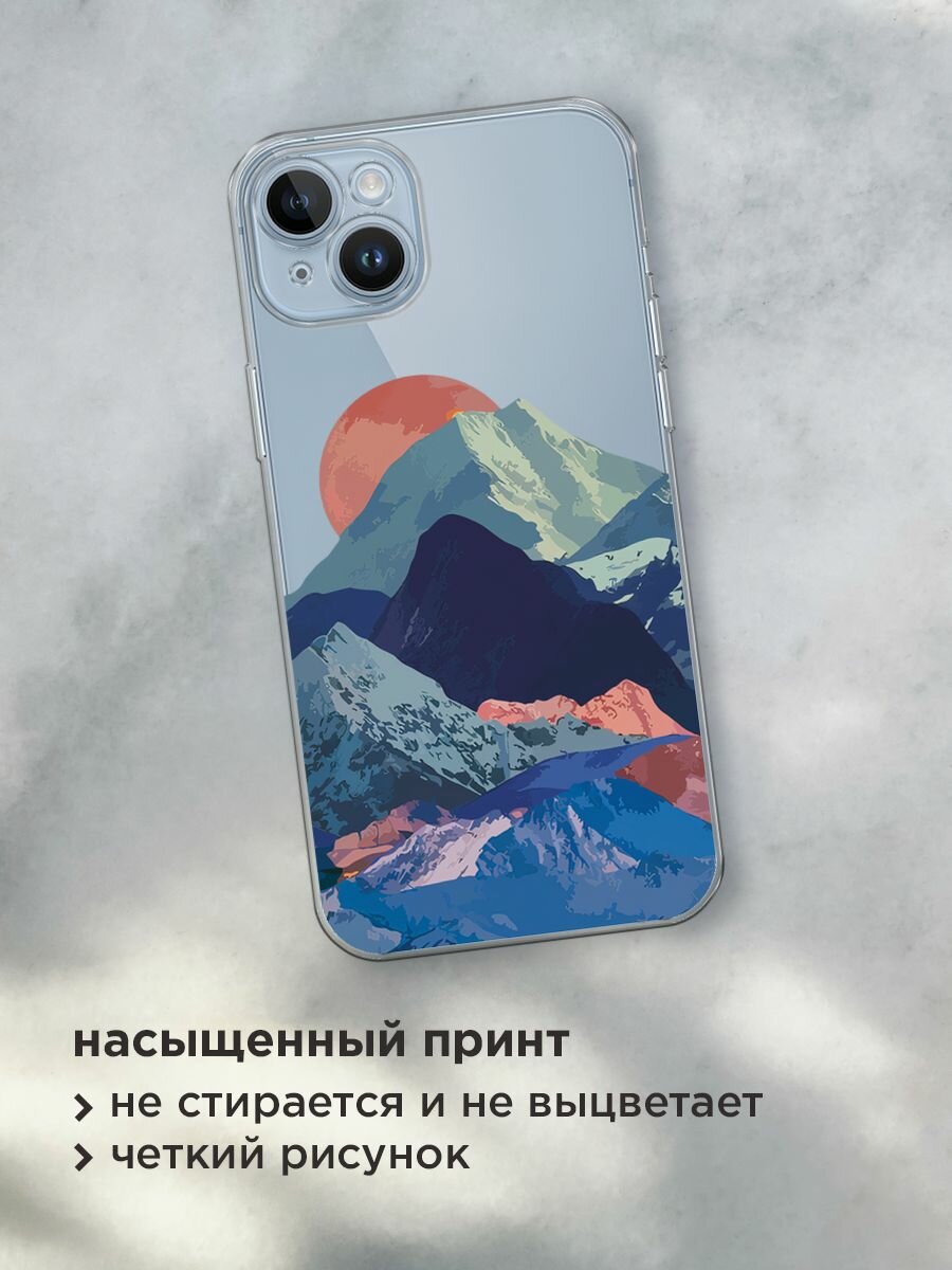 Чехол на Apple iPhone 14 / Айфон 14 с принтом "Закат в снежных горах", прозрачный — фото 1