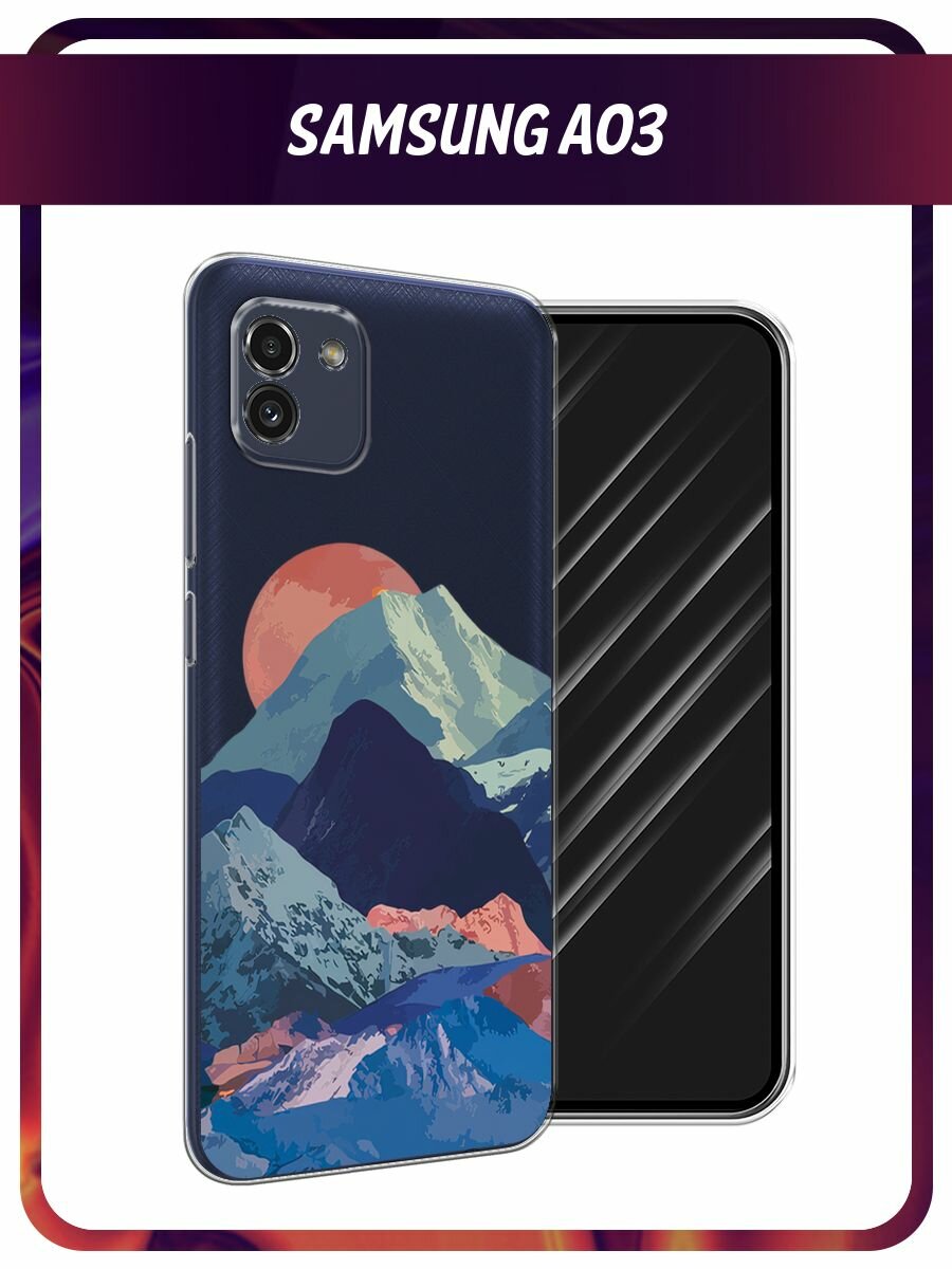 Чехол на Samsung Galaxy A03 / Самсунг Галакси А03 с принтом "Закат в снежных горах", прозрачный