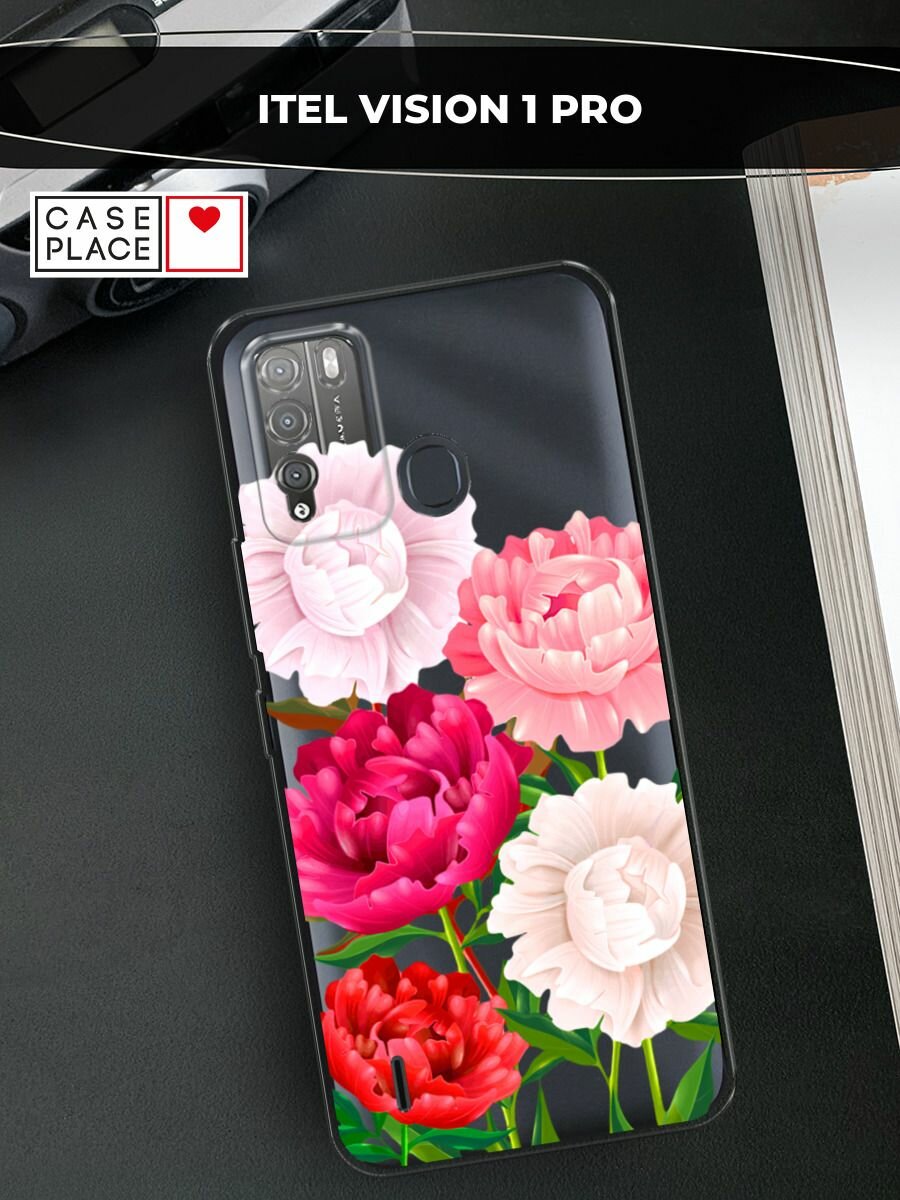 Чехол на Itel Vision 1 Pro / Ител Визион 1 Про с принтом "Большие пионы", прозрачный