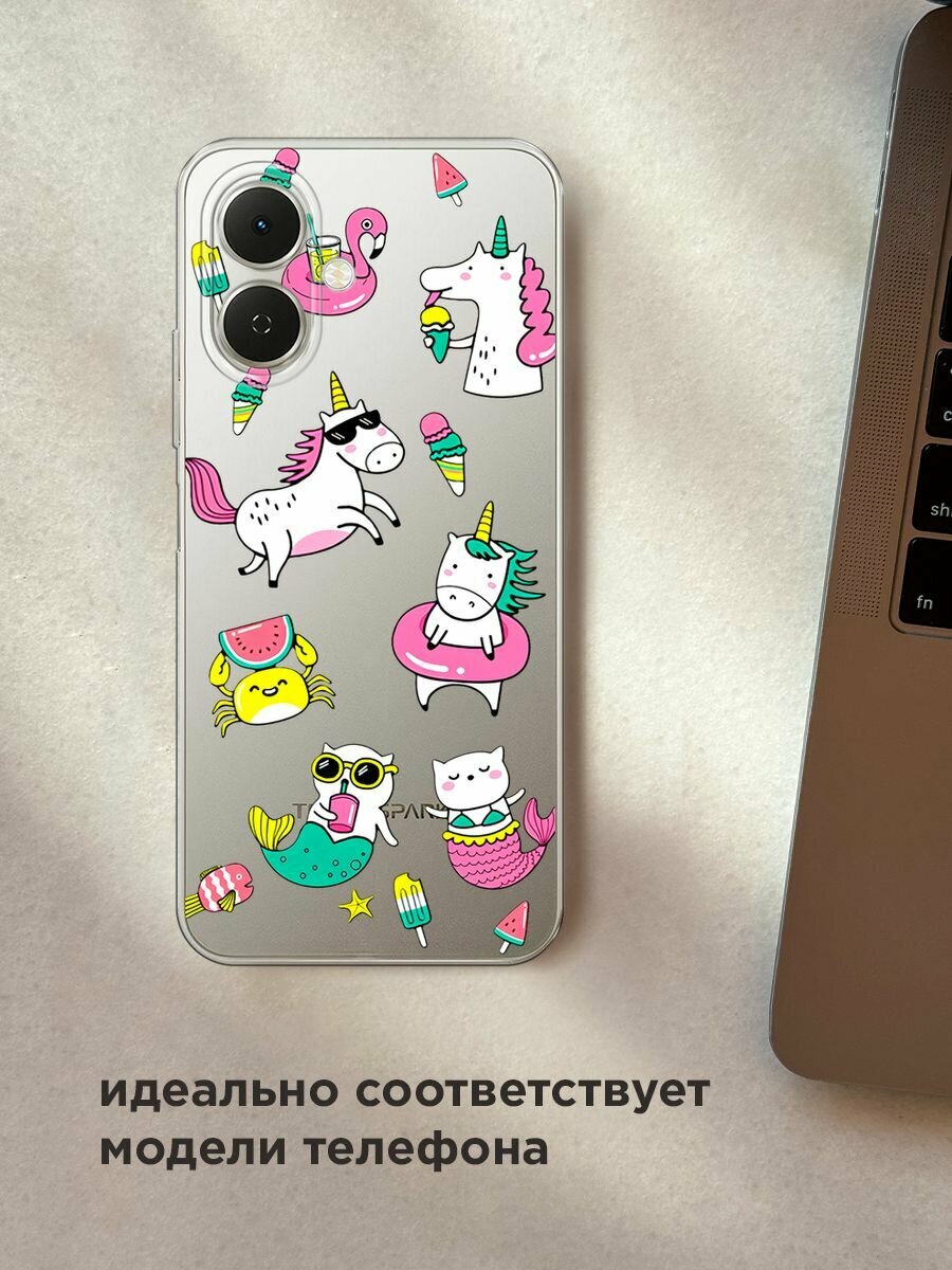 Чехол на Tecno Spark Go 2 / Текно Спарк Го 2 с принтом "Единороги в отпуске", прозрачный — фото 1