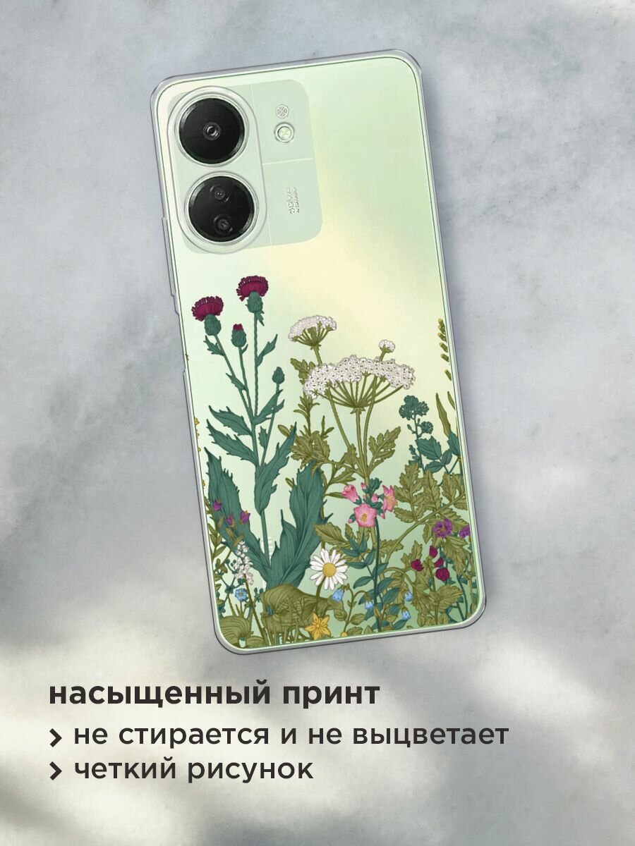Чехол на Xiaomi Redmi 13C/Poco C65 / Сяоми Редми 13C/Поко С65 с принтом "Дикие полевые цветы", прозрачный — фото 1