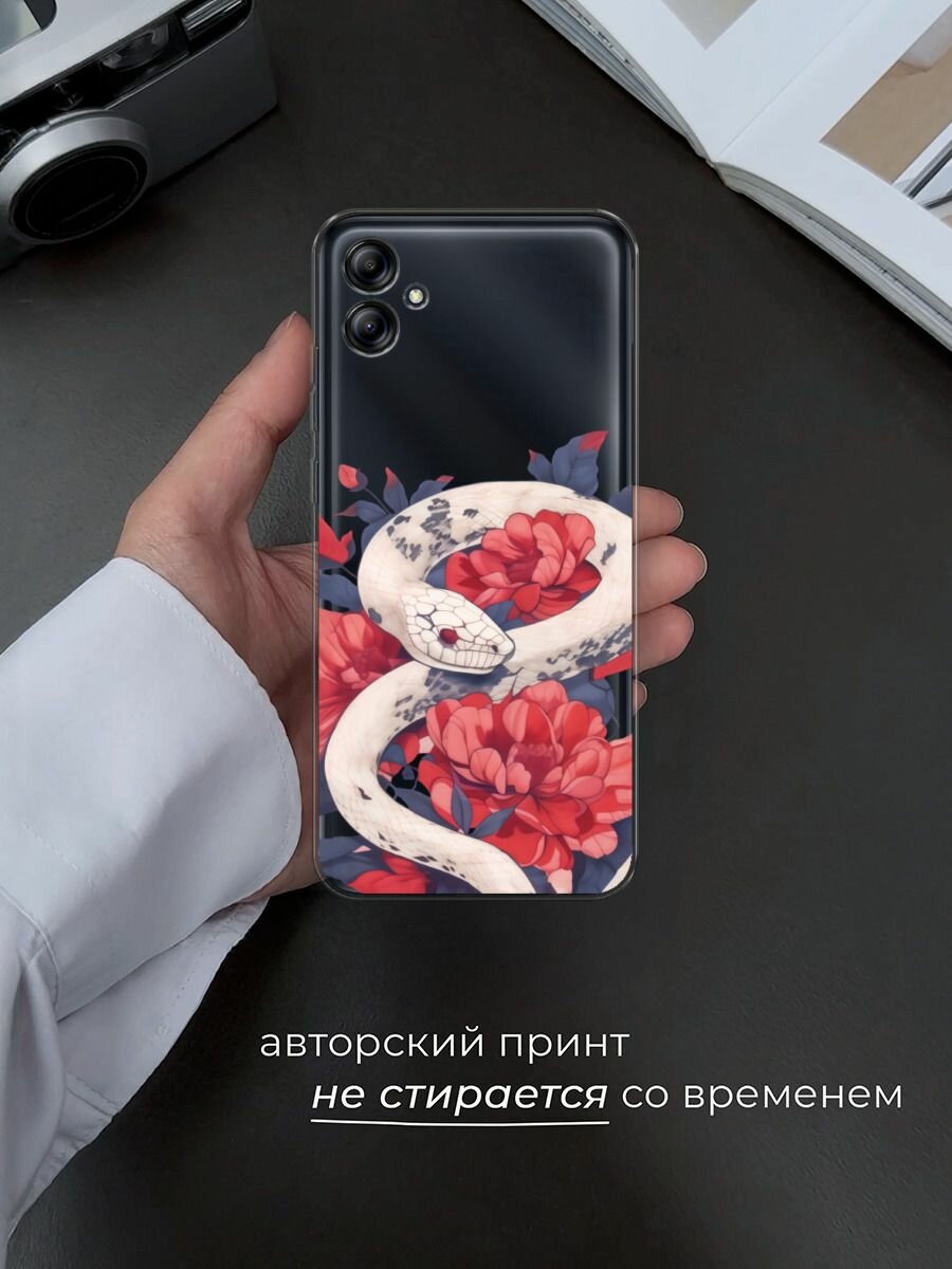 Чехол на Samsung Galaxy A04e / Самсунг A04e с принтом "Белая змея в цветах", прозрачный — фото 1