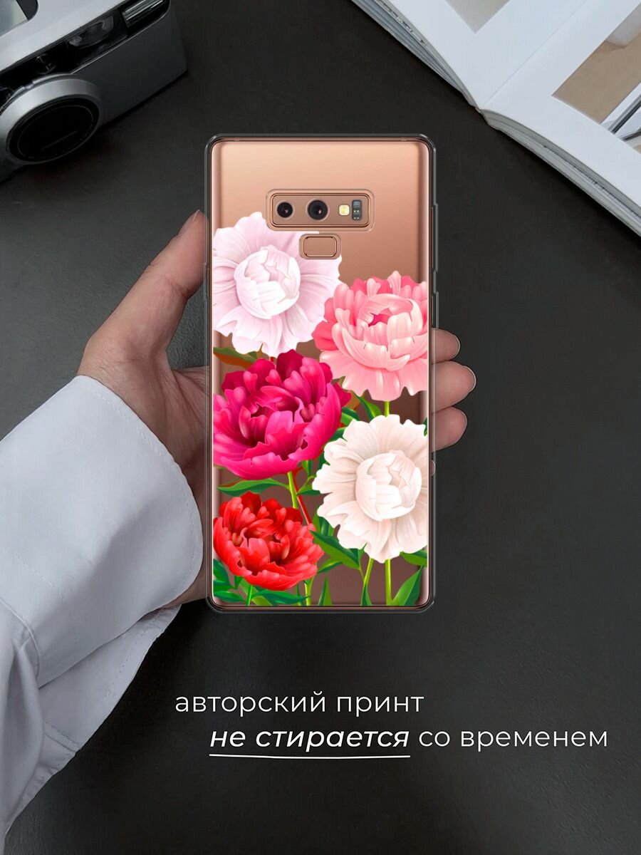 Чехол на Samsung Galaxy Note 9 / Самсунг Галакси Нот 9 с принтом "Большие пионы", прозрачный — фото 1