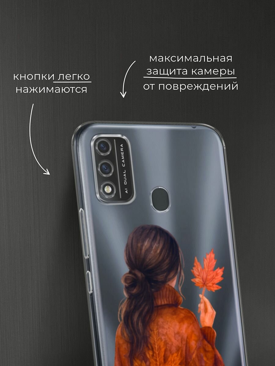 Чехол на Itel A48 / Ител А48 с принтом "Девушка с опавшим листом", прозрачный — фото 1