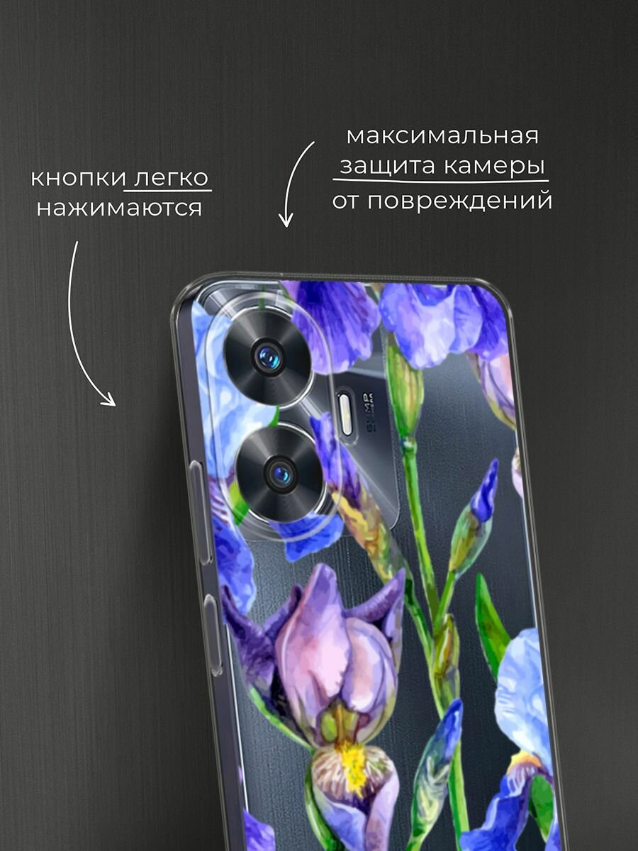 Чехол на Realme C55 / Реалми C55 с принтом "Синие ирисы", прозрачный — фото 1